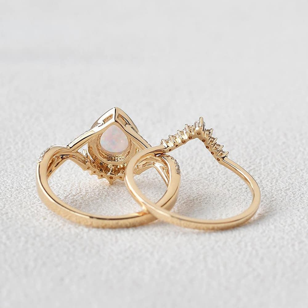 YDD 14k Rose Gold 1.5ct Pear Shaped Opal Engagement Rings for Women Opal & Moissanite Bridal Set Vintage Halo Infinity Ring Set 2pcs Inspired V Shaped Wedding Band Anniversary Free Engraved
