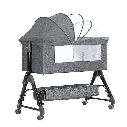 NEPDOF Baby Bassinet Bedside Sleeper Bedside Easy Folding Portable Bassinet 3 in 1 Baby Bed with Adjustable Height,Breathable Net,Large Storage Basket and Mosquito net