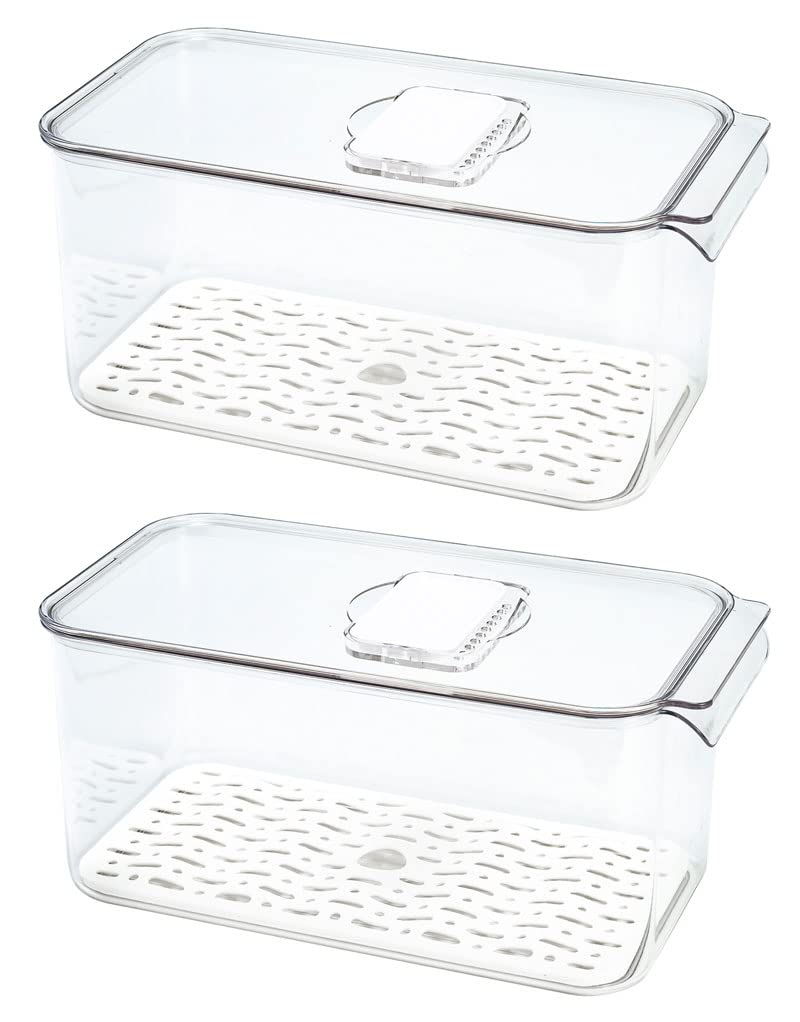 SANNO Produce Saver Refrigerator Organizer Bins with Lids And Removable Drain Tray Food Storage Container Fridge Stackable Freezer Bins For Kitchen Produce Fruit Vegetable (Set of 2)