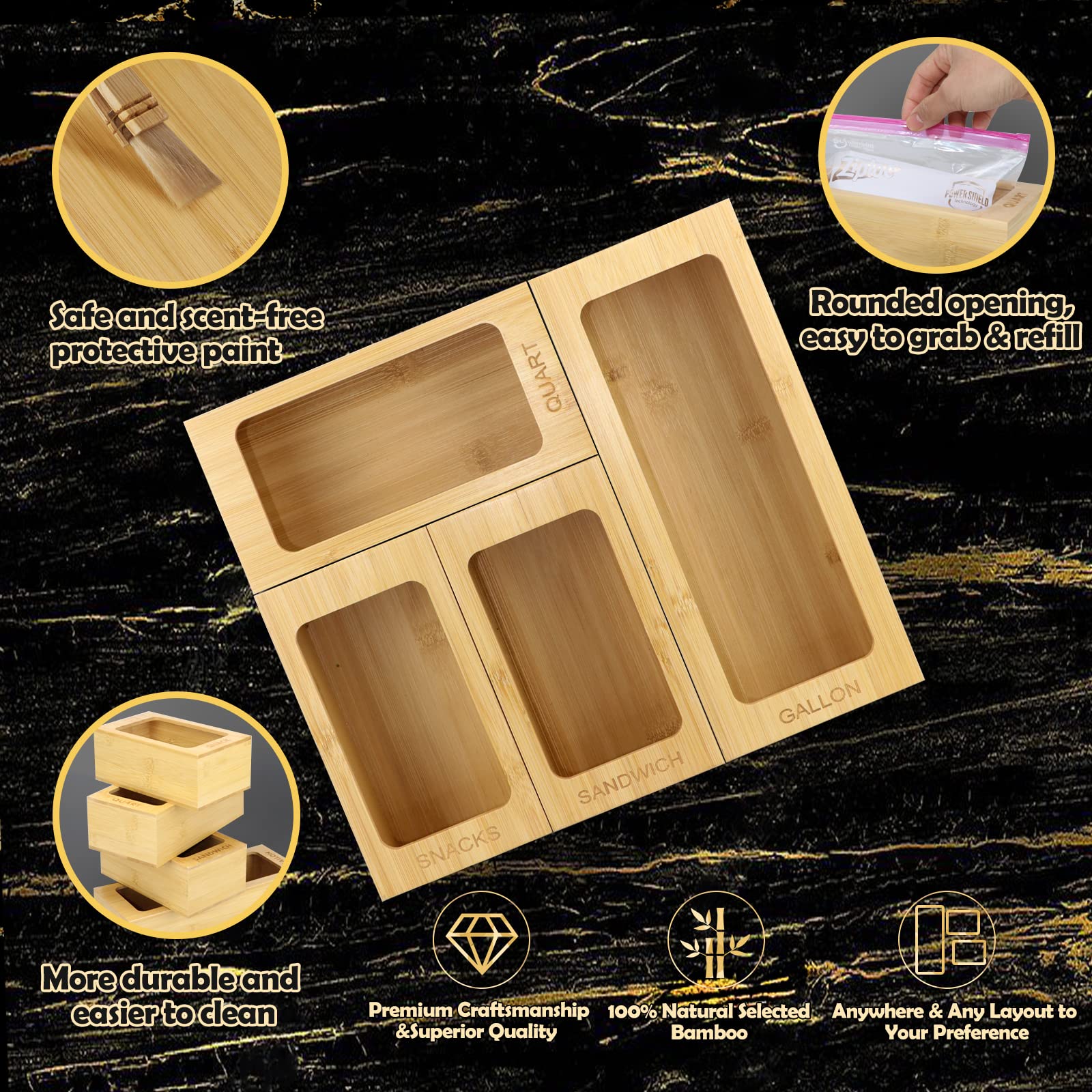 Storage Bag Organizer for Kitchen Drawer Organization, Bamboo Ziplock Bag Organizer for Drawer, Plastic Bag Organizer, Compatible with Quart Sliders, Snack & Sandwich Bag Organizer, Food Baggie Holder