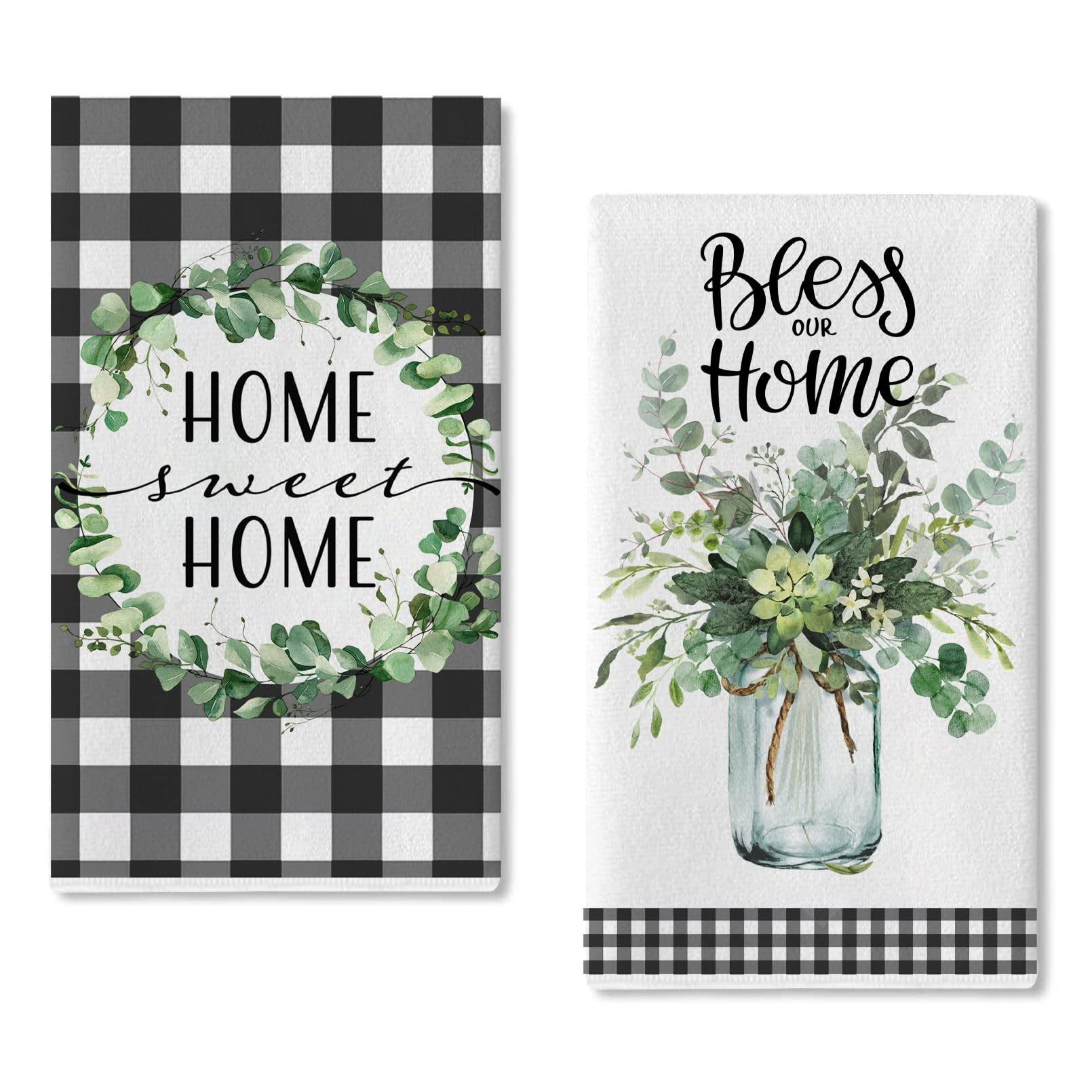 Seliem Summer Eucalyptus Greenery Kitchen Dish Towel Set of 2, Buffalo Plaid Check Absorbent Hand Drying Baking Cooking Cloth, Spring Seasonal Farmhouse Decor Bless Our Sweet Home Decorations 18 x 26