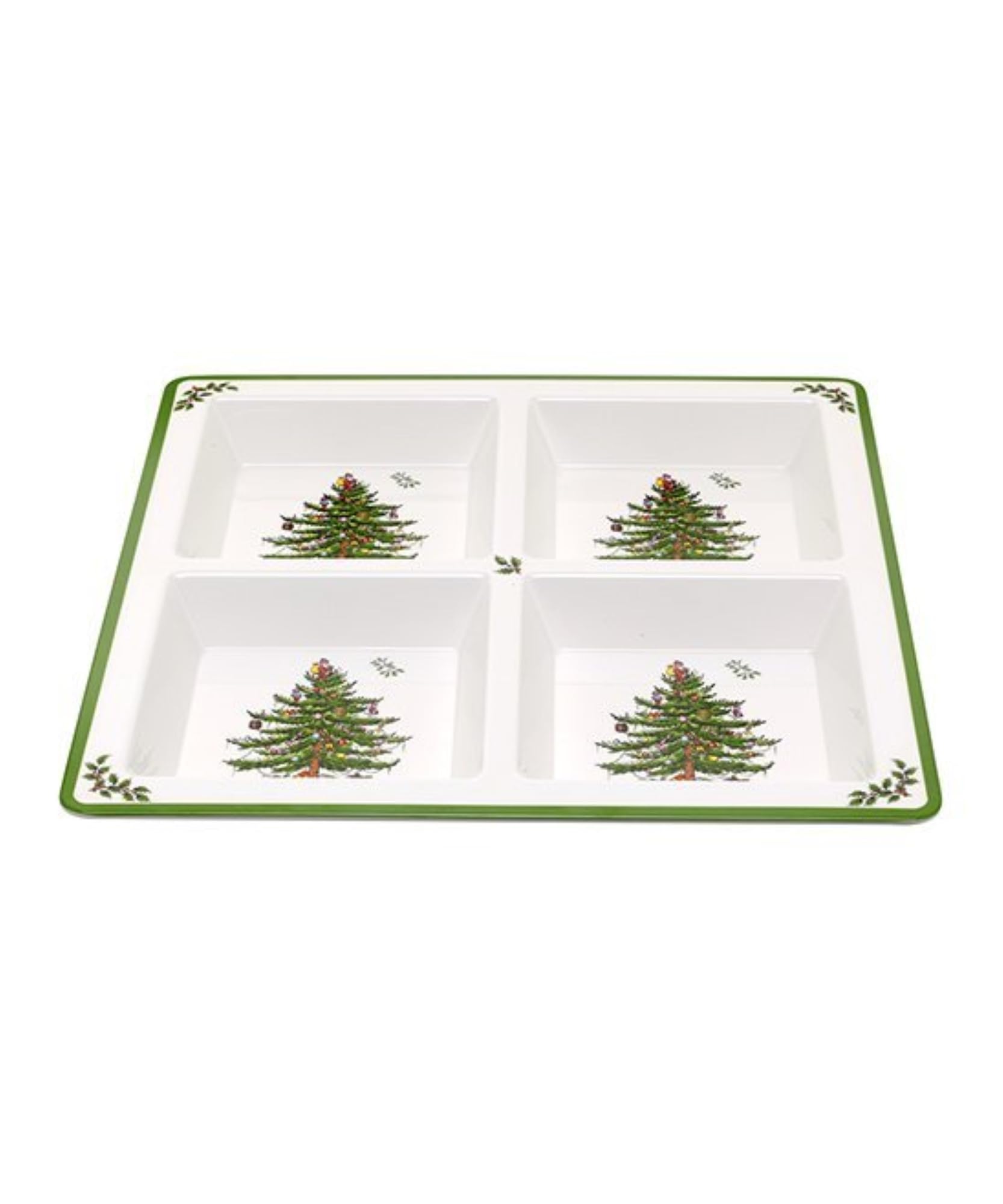 Spode Christmas Tree Melamine 4 Section Tray | 13.5 Inch Divided Serving Tray for Nuts, Candy and Condiments | Made of Melamine for Indoor and Outdoor Serving | Dishwasher Safe
