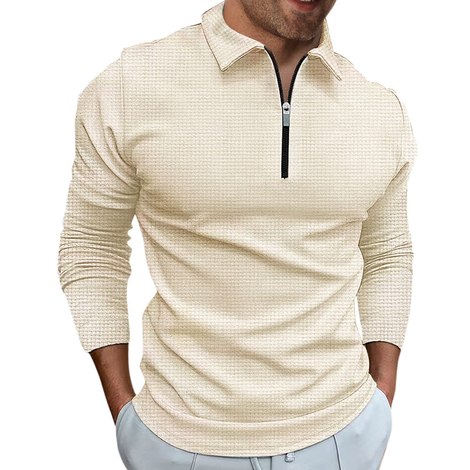 ThusFar Mens Short Sleeve Shirts Casual Slim Fit Waffle Golf Polo Shirt V-Neck Turn-Down Collar Zipper Active Shirts Khaki01 L