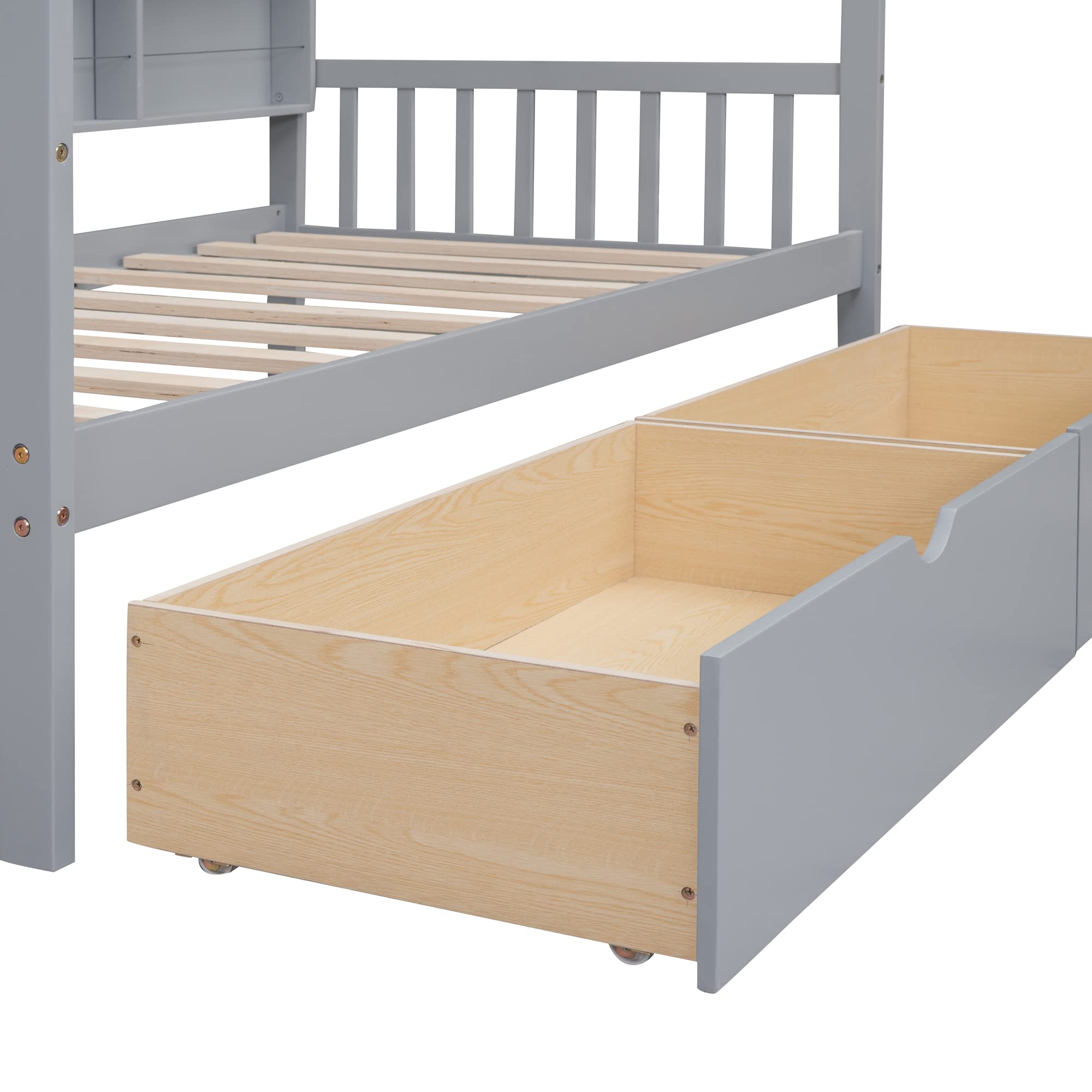 Pink House Beds with Trundle and Storage Shelves for Kids Montessori Bed Wood Playhouse Tent Bed Frame for Girls Boys, Twin Size