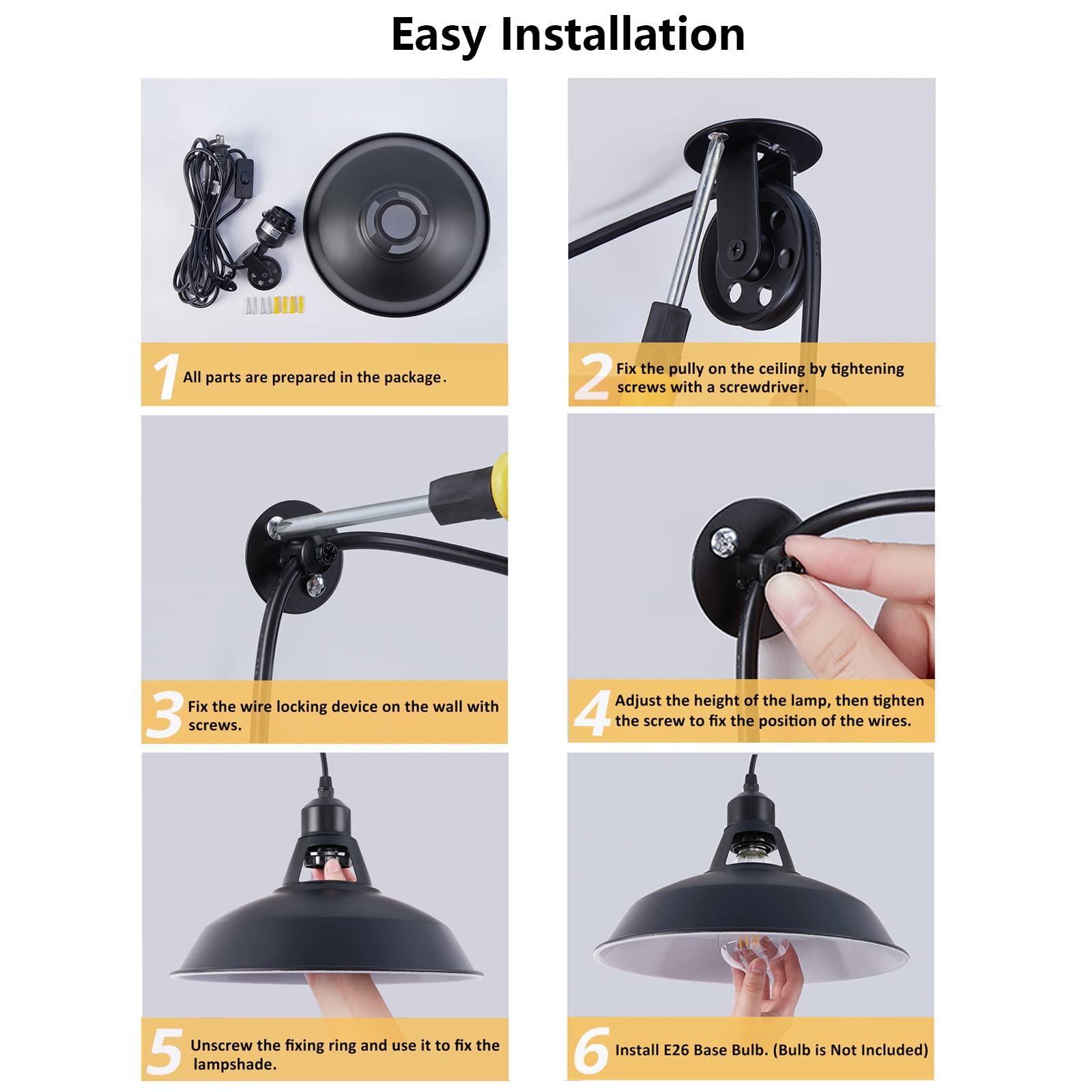 Lomoky Plug in Pendant Light, Hanging Lamp with Black Barn Pendant Lighting with 14.76ft Cord On/Off Switch, Adjustable Pulley Hanging Pendant Lighting for Kitchen Bedroom Restaurant 2 Pack