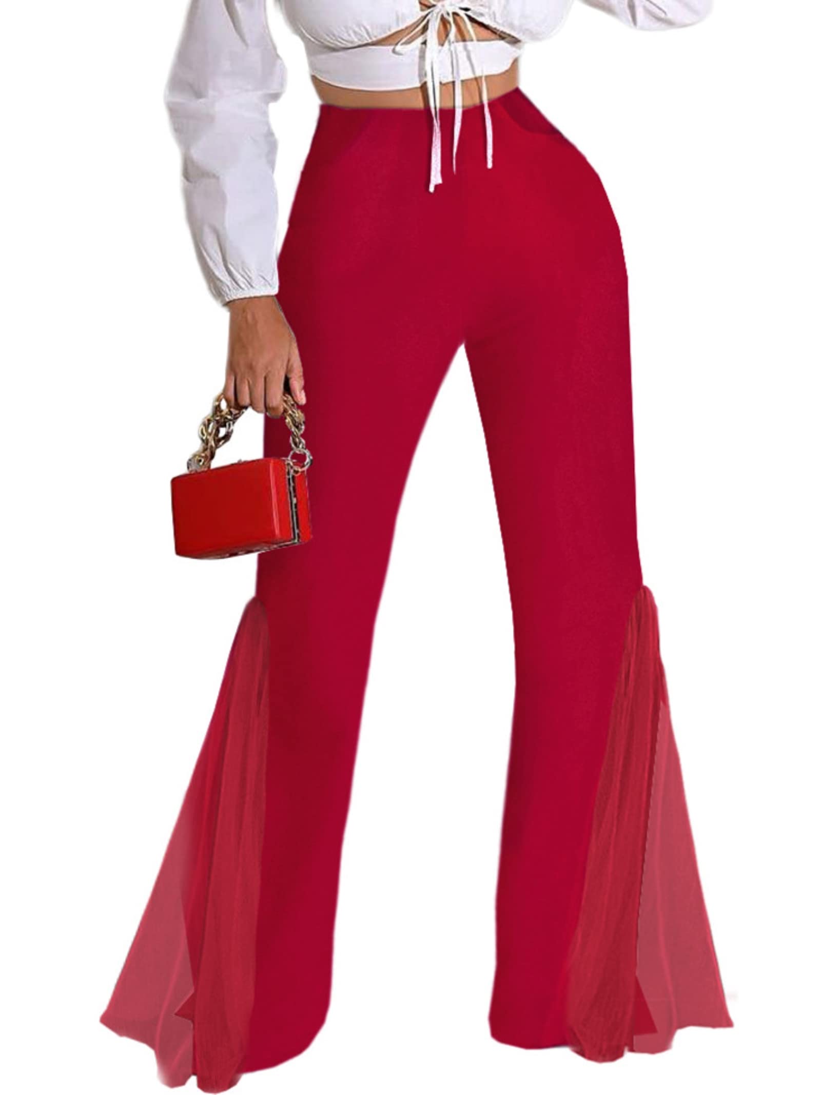 ThusFar Wide Leg Pants for Women High Waist Solid Stretchy Bell Bottom Flare Pants Mesh Yoga Pants
