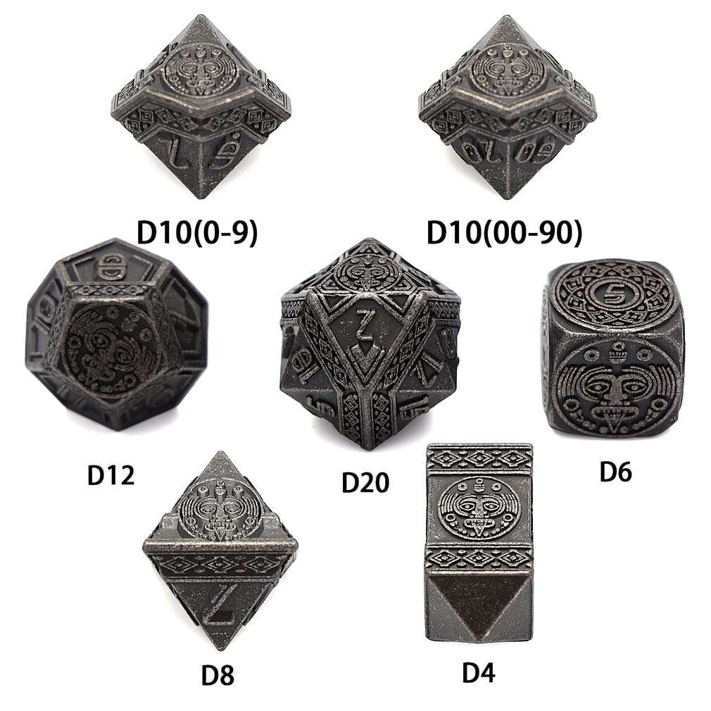 YEMFIRE Original Mayan Dice,7 PCS Solid Metal Dice for Role-Playing Game D&D,Polyhedral RPG Dice Set for Board Game MTG D20 Dice (Rolled Nickel Plating)