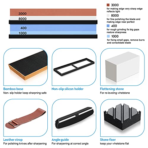 Whetstone Knife Sharpening Stone 4 Side Grit 400/1000 3000/8000, Professional Whetstone Knife Sharpener, Knife Sharpening Kit with Non-Slip Bamboo Base, Leather Strop, Flattening Stone & Angle Guide