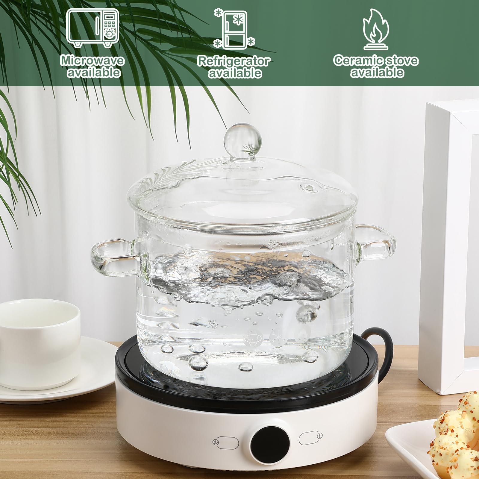 Tofficu Glass Saucepan with Cover Stovetop Cooking Pot with Lid and Handle High Borosilicate Glass Cookware Pot(1900ML)