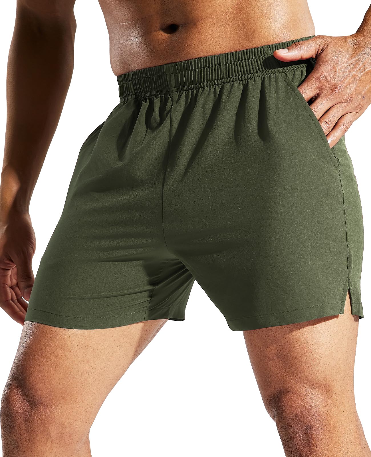 MIER Men's Workout Running Shorts Quick Dry Active 5 Inches Exercise Shorts with Pockets, Lightweight, Breathable, Army Green, L