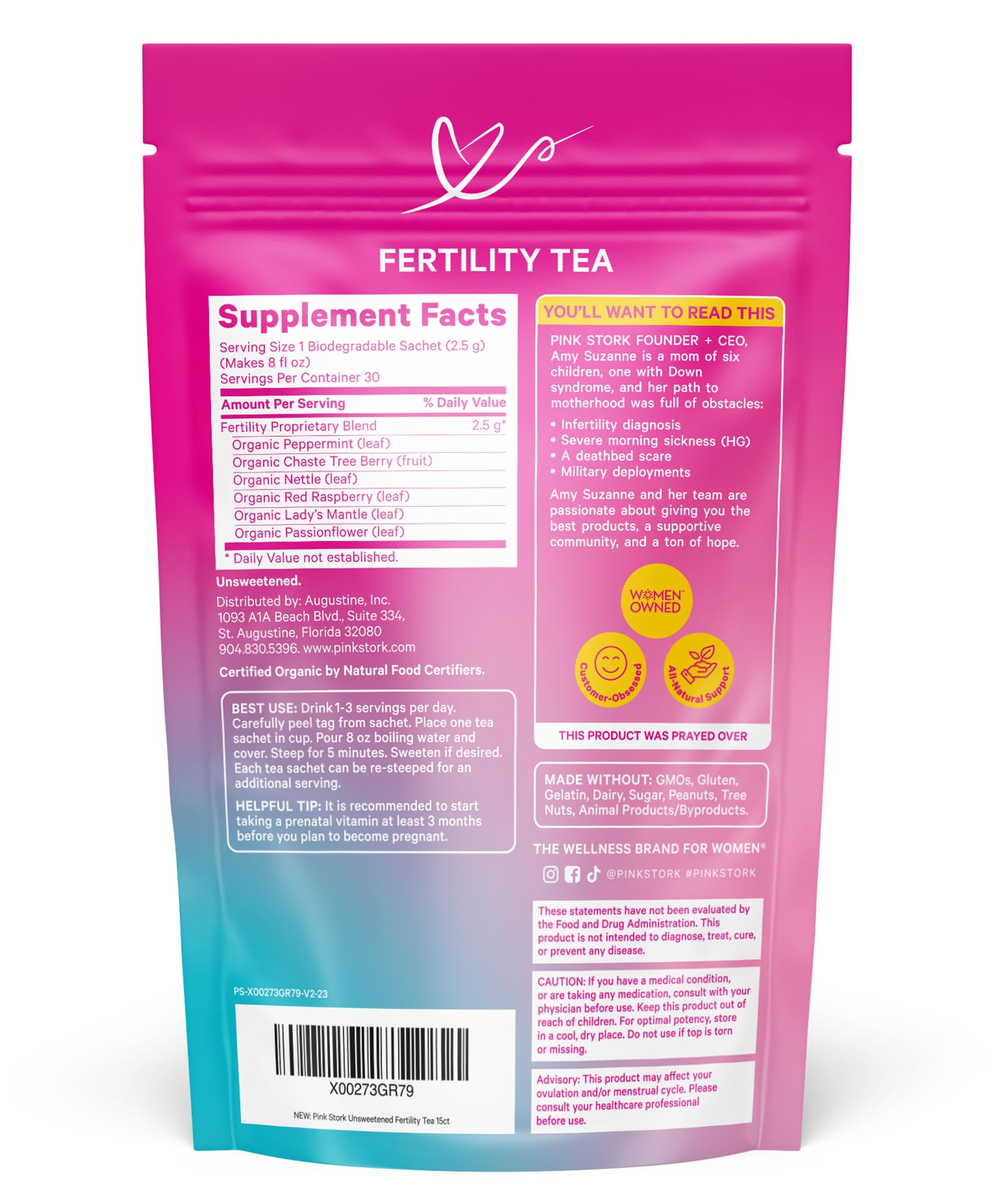 Pink Stork Fertility Tea for Conception and Hormone Balance with Organic Mint, Vitex, and Red Raspberry Leaf, Caffeine Free - Mint, 15 Sachets