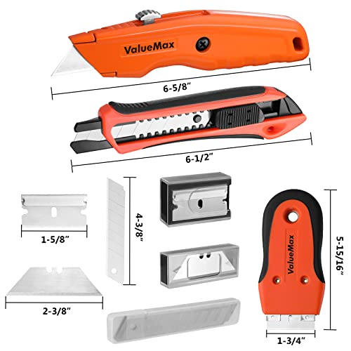 VALUEMAX Utility Knives Set, Box Cutter Retractable, 18mm Snap-off Knife, Razor Blade Scraper, 3-piece Complete Work Knife Set with 28-piece Blades