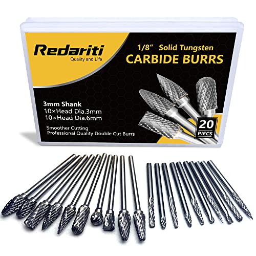 Redariti Carbide Rotary Burrs Set 1/8" Shank (3mm) 20PC, Double Cut Compatible with Dremel Accessories for Woodworking,Suitable for Fine Objects, Making Engraving Work More Excellent and Simple.