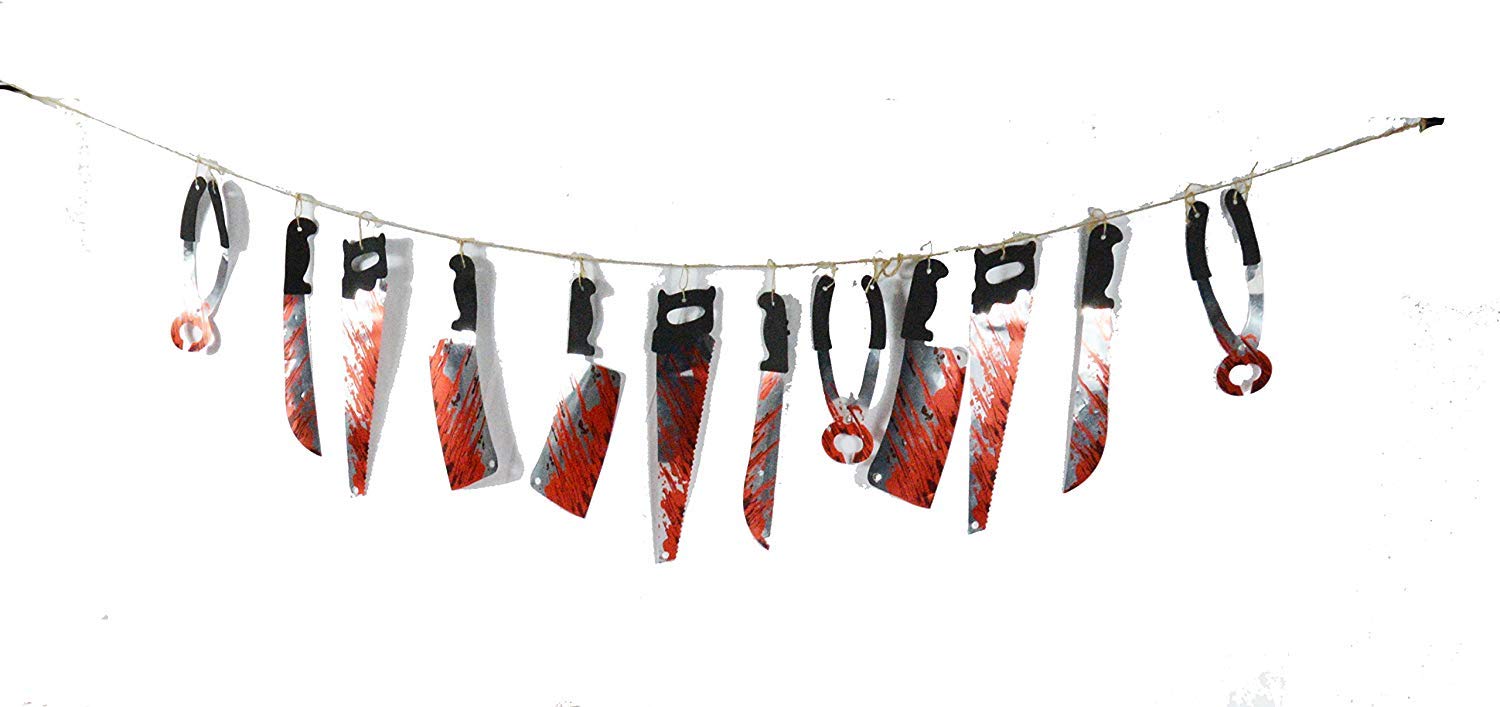 Spooktacular Creations Halloween Party Decoration Set, Including Bloody Tablecover, Weapon Garland, Bloody Clings and Caution Tapes, 5 Piece