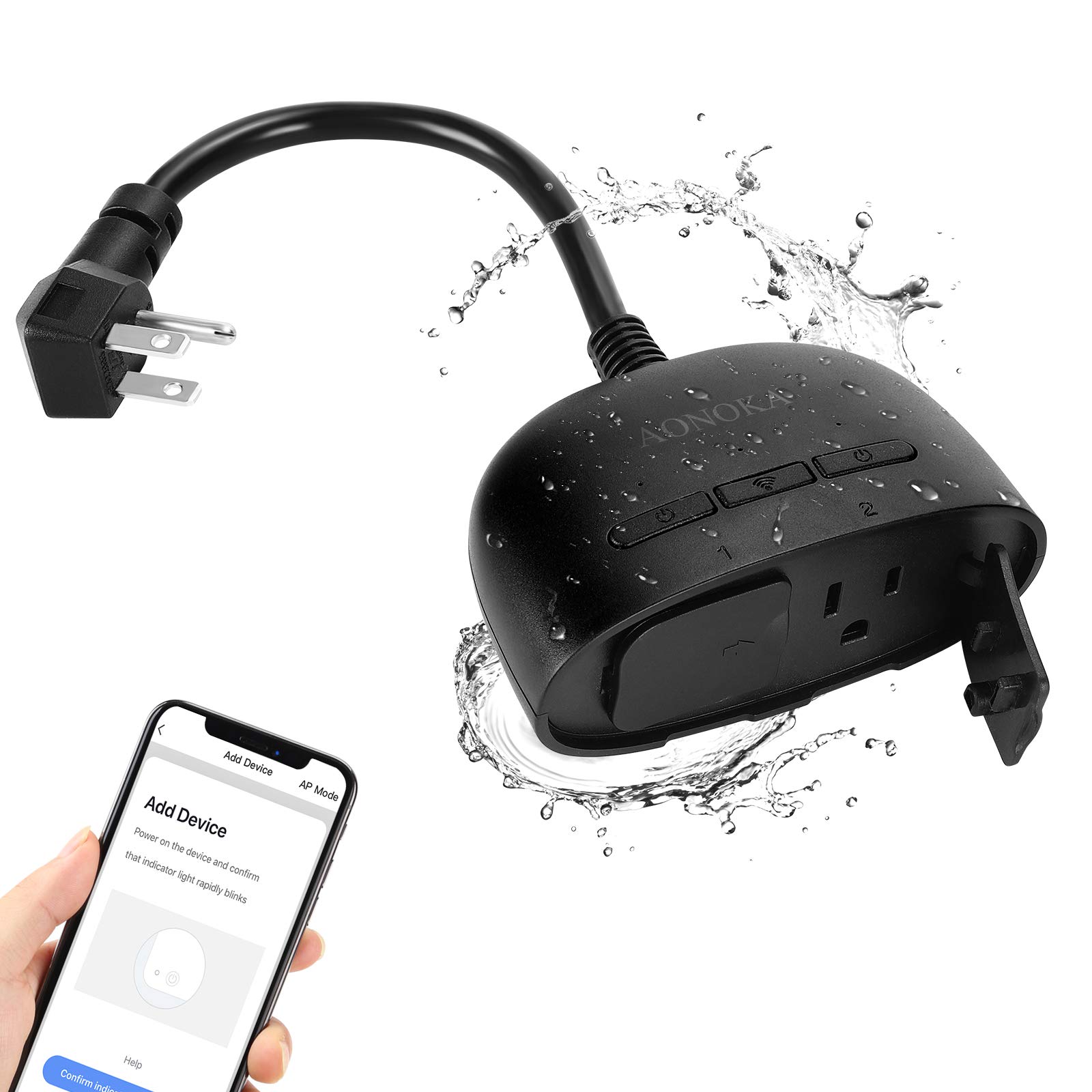 Outdoor Smart Plug, Outdoor Wi-Fi Outlet Heavy Duty with 2 Sockets, Programmable Timer Plug Compatible with Alexa, Google Home, IP64 Waterproof, Wireless Remote Control Timer by Smartphone 15A/1875W