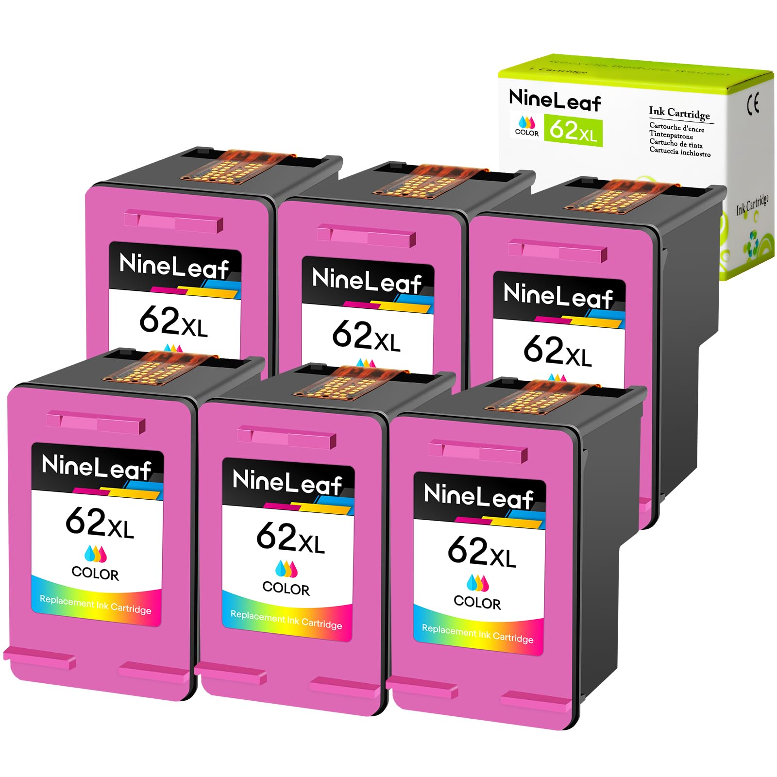 NineLeaf Remanufactured Ink Cartridge Replacement for HP 62XL 62 XL use in Envy 5540 5640 5660 7644 7645 OfficeJet 5740 8040 OfficeJet 200 250 Series Inkjet Printer(6 Pack Tri-Color