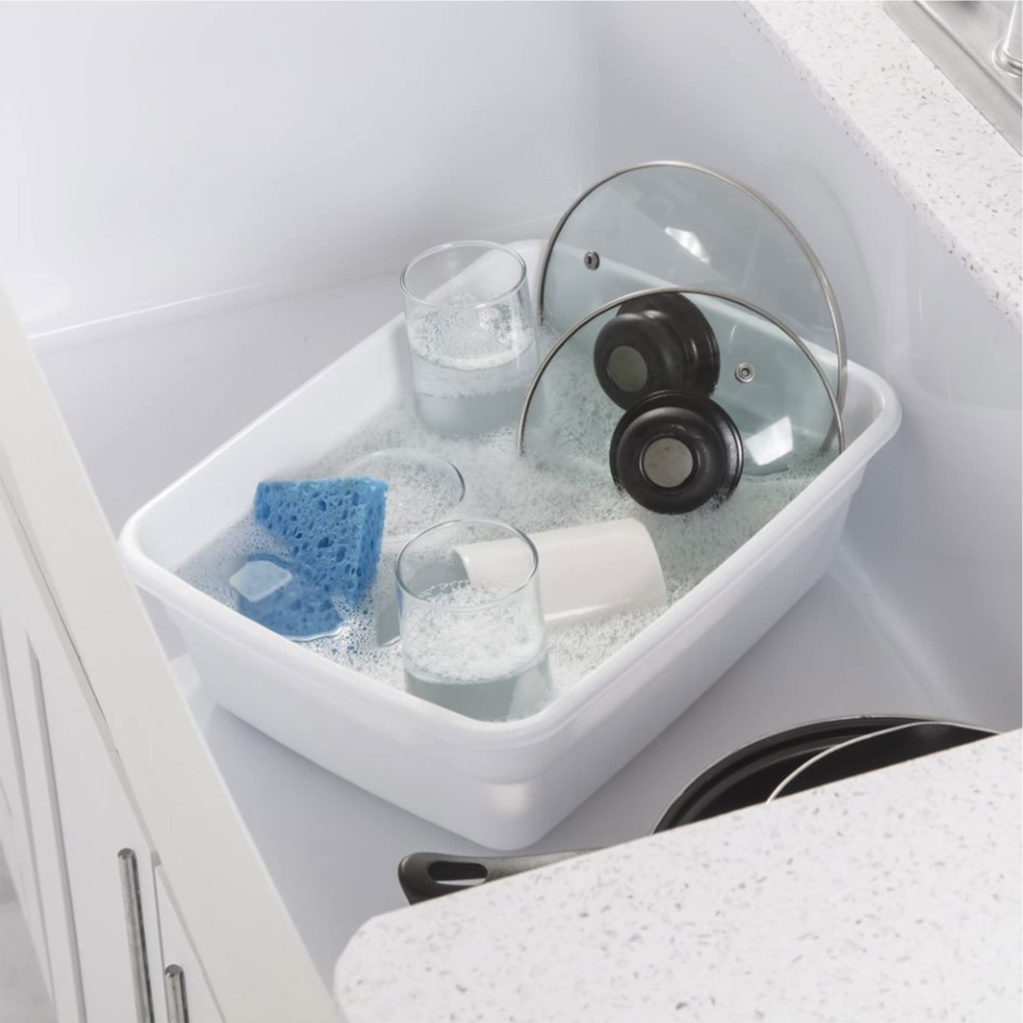 Sterilite Small Portable Rectangle Plastic Heavy Duty Reinforced Plastic 8 Qt Kitchen Dish Pan Basin Container for Dishware & Laundry, White (12 Pack)