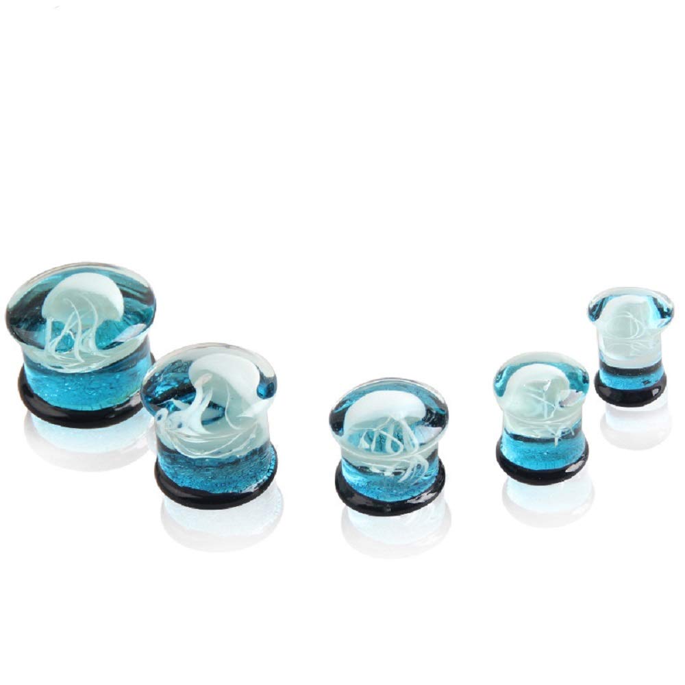 NewZenro Glass Ocean Jellyfish Ear Plugs Gauges Tunnel Expanders Stretcher Unique Earrings Double Flared Piercings Body Jewelry Blue Red Set (9/16"(14mm))