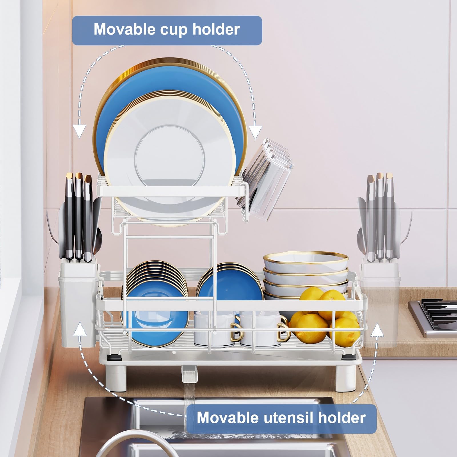 MOUKABAL White Dish Drying Rack- Durable Large Dish Racks for Kitchen Counter, Dish Drainer with Drainboard,Kitchen Organization and Storage for pioneer woman kitchen accessories (2 Tier