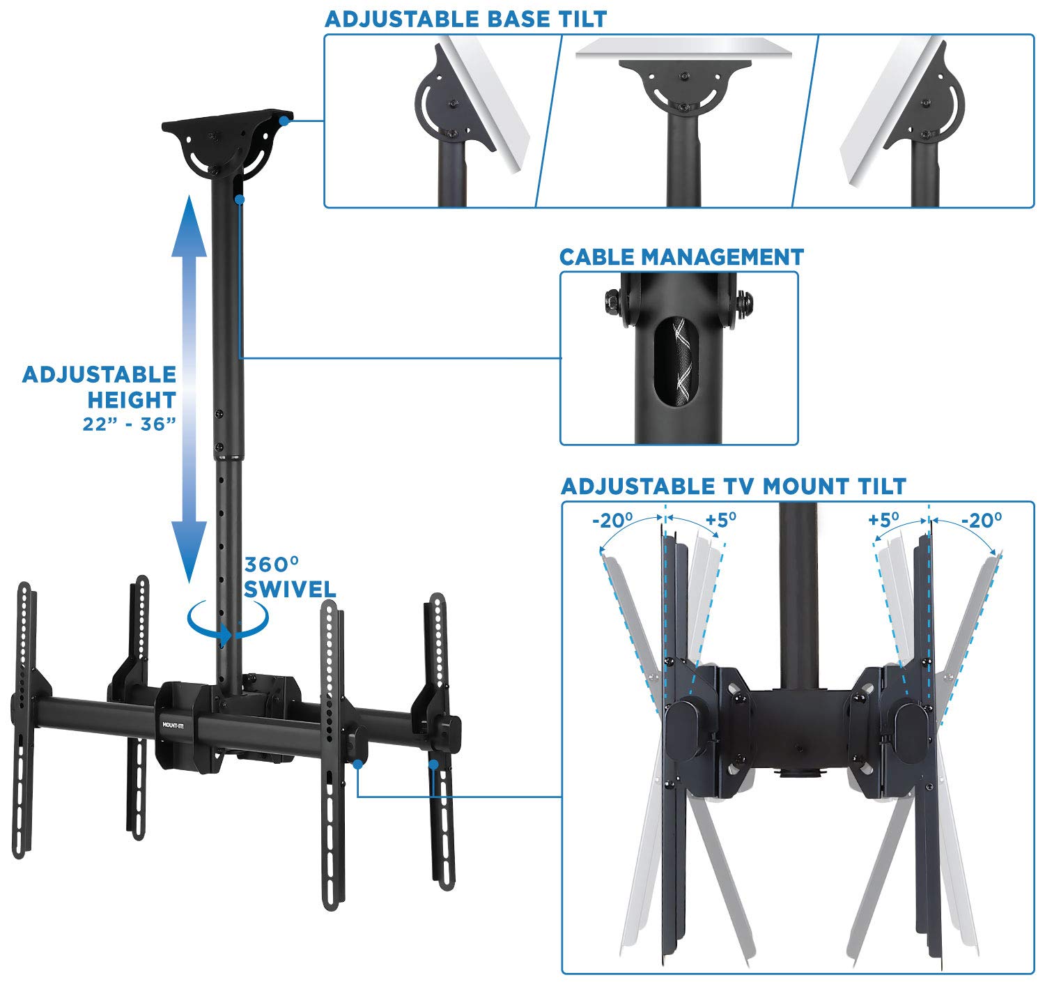 Mount-It! Ceiling Digital Signage Mount for 4 Flat Panel Displays | Commercial Grade Quad TV Ceiling Mount with Adjustable Height | Fits Up to VESA 600x400, 264 Lbs Capacity