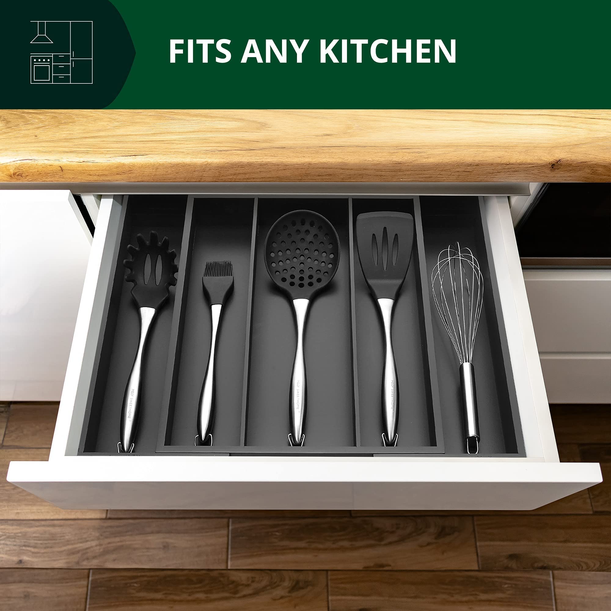 ROYAL CRAFT WOOD Luxury Bamboo Caddy Expandable Drawer and Utensil Organizer, Silverware Holder and Cutlery Tray, 19.6" x17", Black