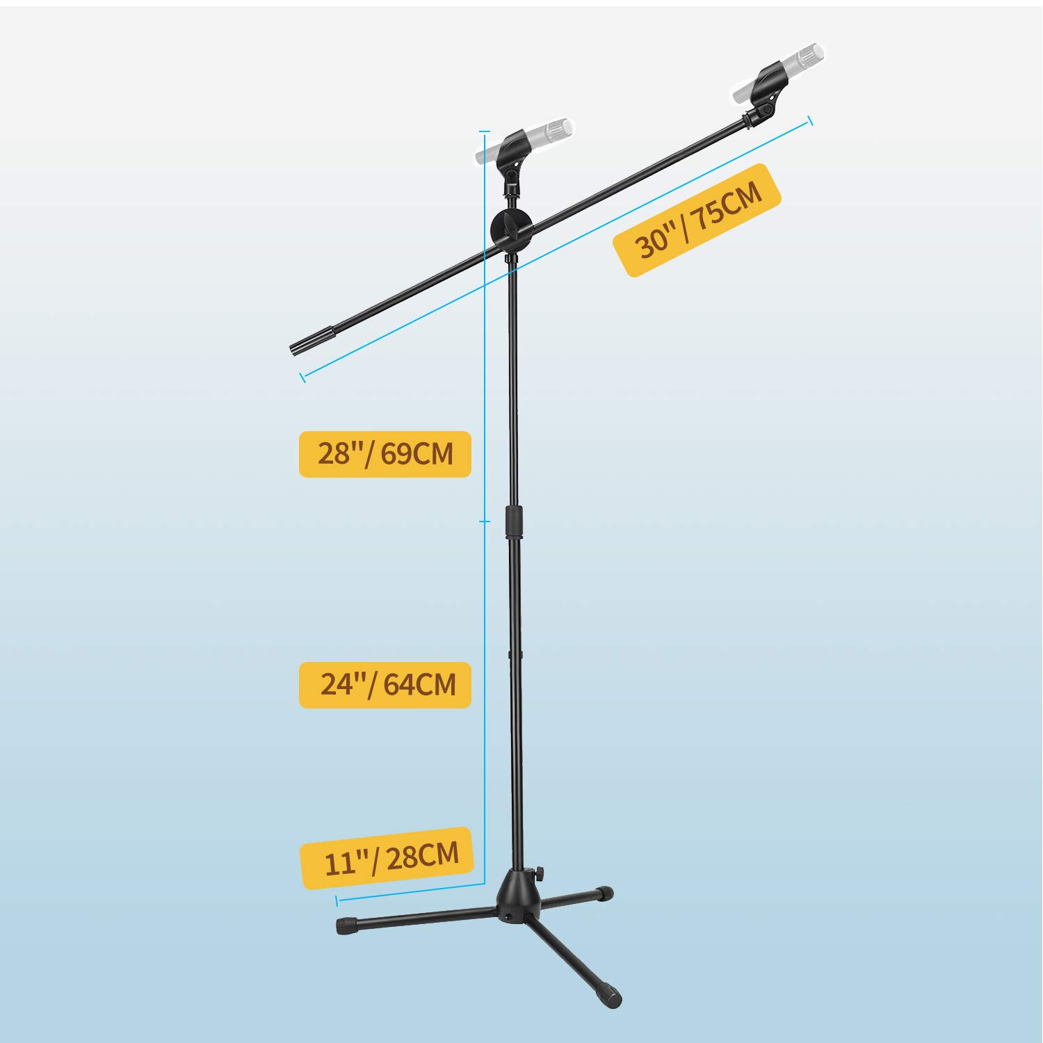 Moukey Mic Stand, Tripod Boom Microphone Stands with 4 Non-Slip Mic Clips and 4 Foam covers, Adjustable, Collapsible for Shure sm7b / sm58, 2-Pack (Black)