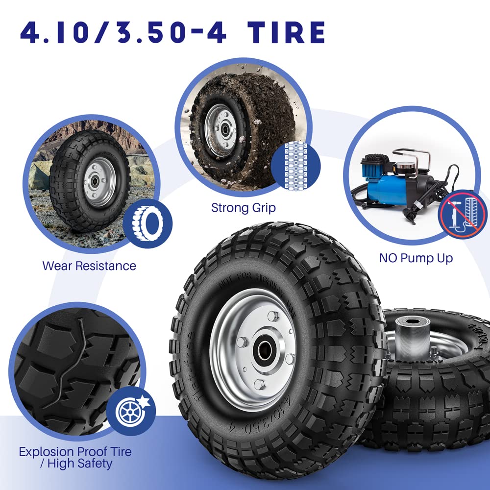 Winisok 4.10/3.50-4 Tire Wheels Flat Free, 10" Heavy Duty Solid Replacement Tire with 5/8ββ Bearings for Wagon/Wheelbarrow/Hand Truck/Generators (4 Pack)