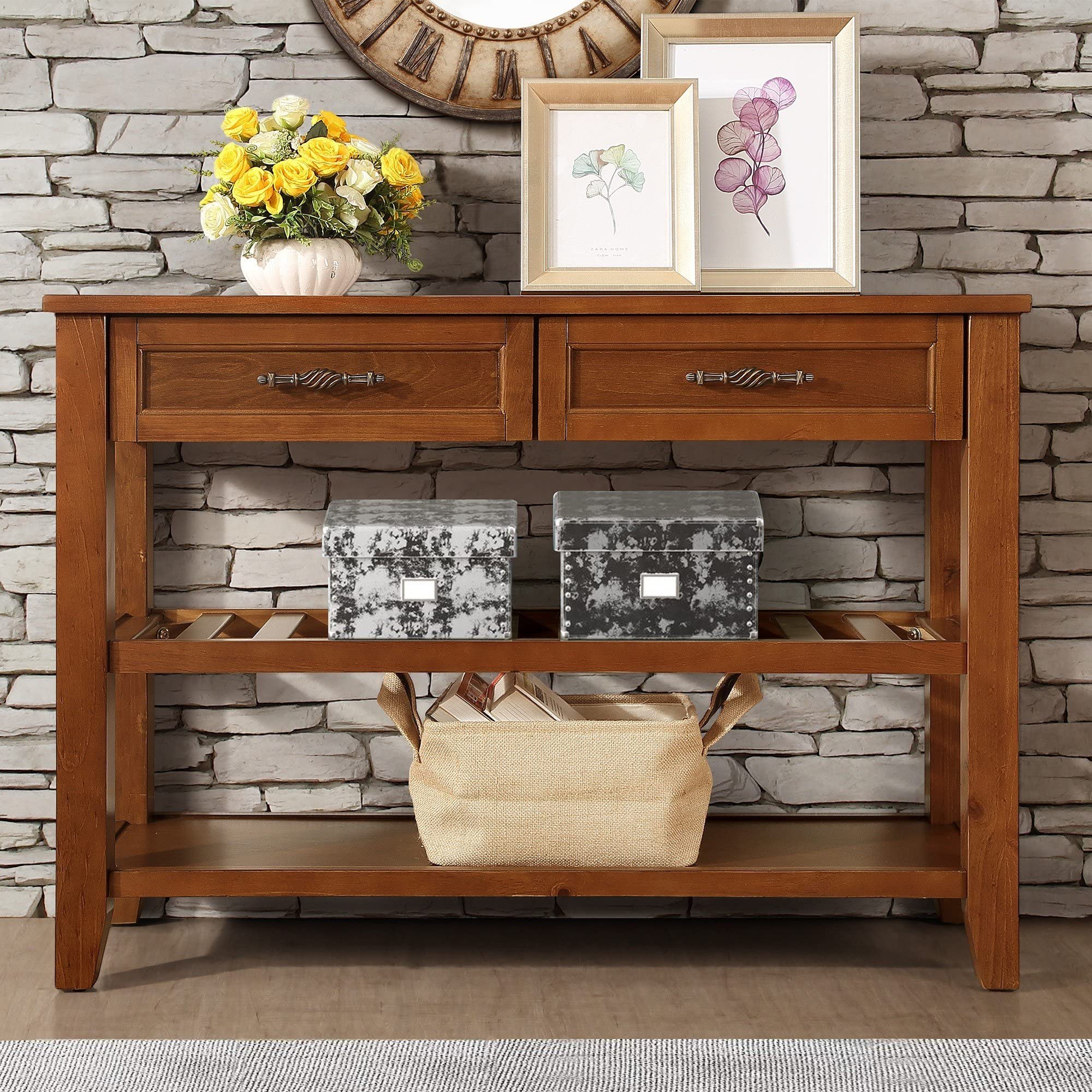 P PURLOVE Sofa Table Retro Style Console Table for Entryway with 2 Drawers and Shelf Living Room Furniture (Antique Blue)