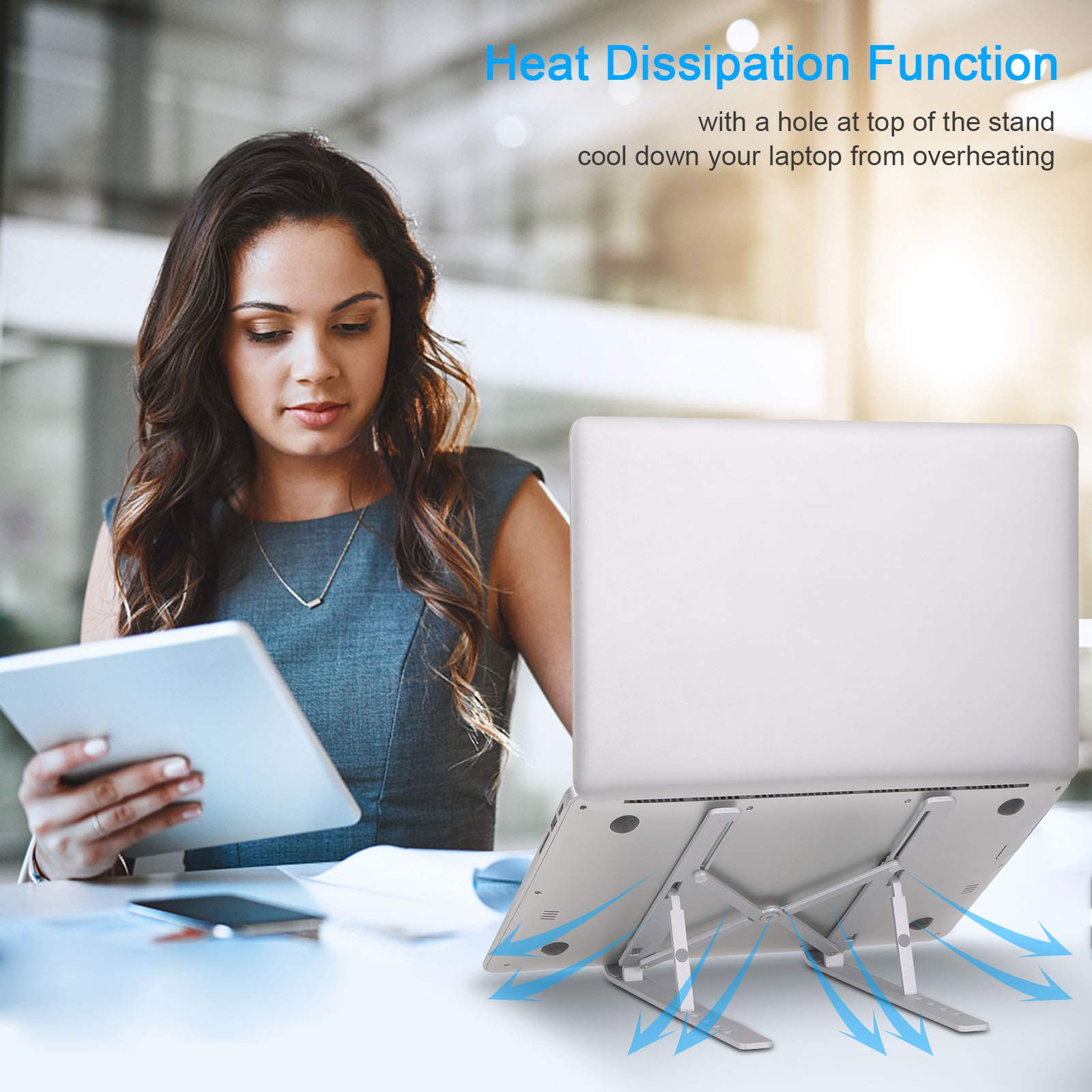 QLKUNLA Laptop Stand, Laptop Holder Riser Computer Tablet Stand, Aluminum 6-Angles Adjustable Foldable Portable Cooling Notebook Stand Mount Compatible with 10-15.6”Laptops