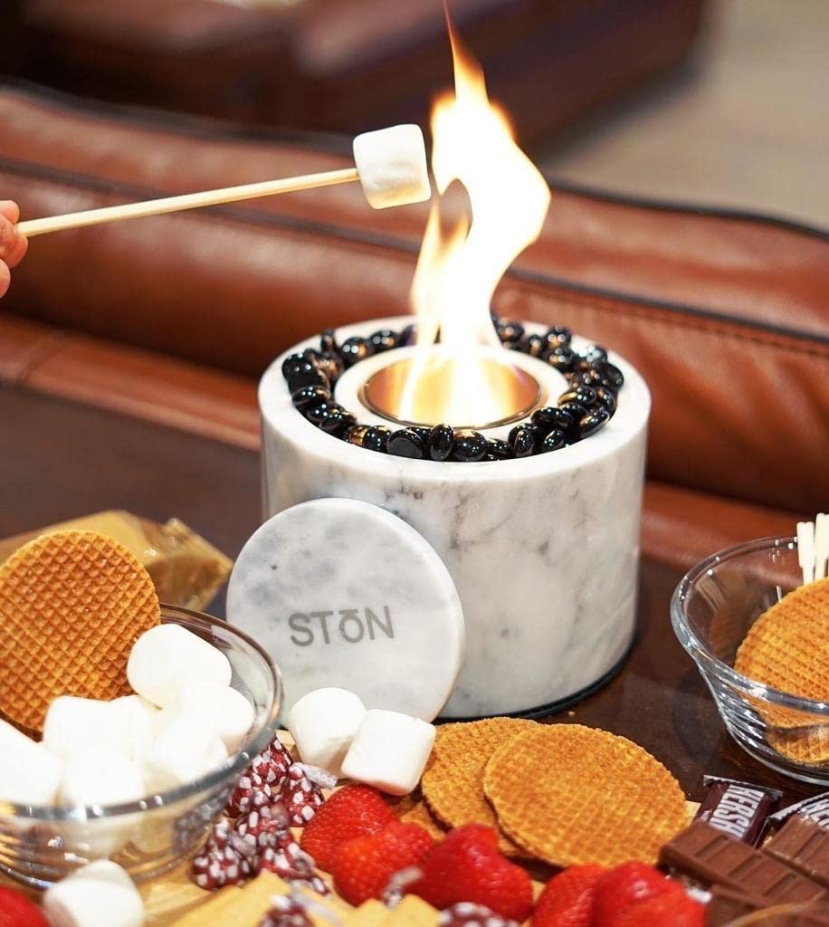 Stonhome Tabletop Fire Pit Bowl - The Original Marble Portable Fireplace, Indoor Outdoor, Mini Fire Pit Clean Burning Real Flame for Patio Balcony, S’Mores Maker (White)