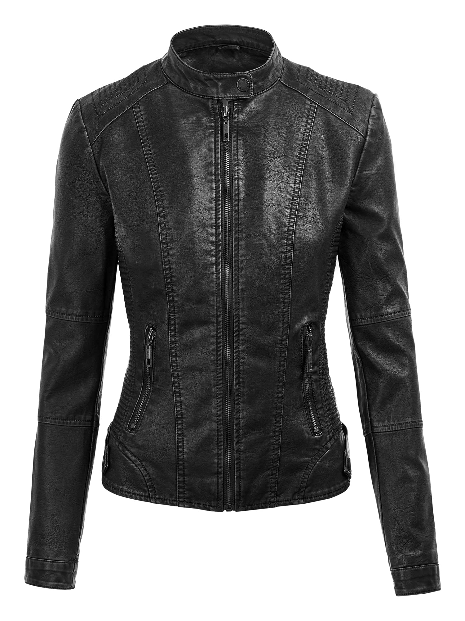 Made By Johnny MBJ WJC1044 Womens Faux Leather Quilted Motorcycle Jacket with Hoodie L BLACK