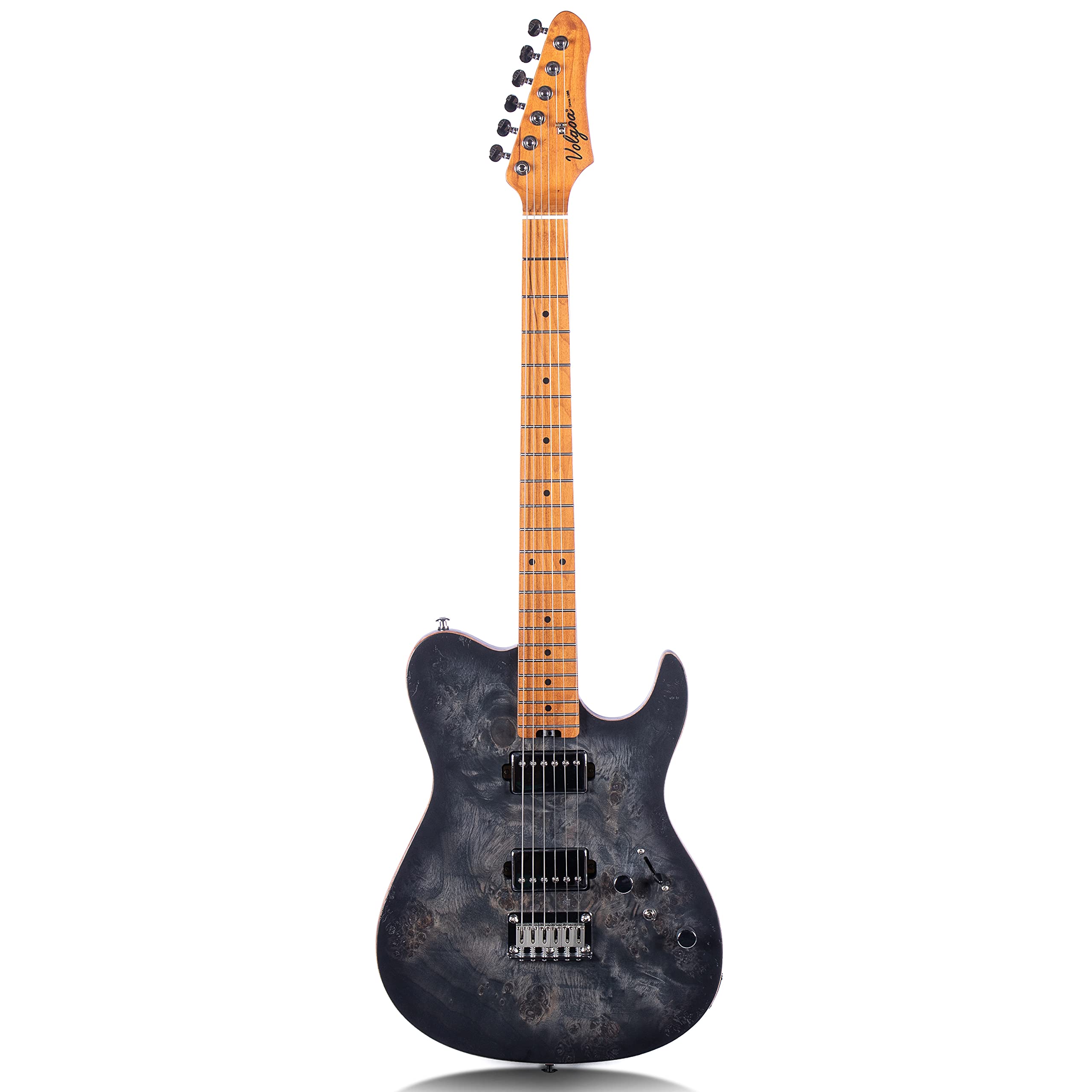 Volgoa VTL-2 Solid Body 6 String Electric Guitar, Roasted Maple Neck, Mahogany Body, Matte Burl Figure Veneer, and Coil Splitting Pickup (Black)
