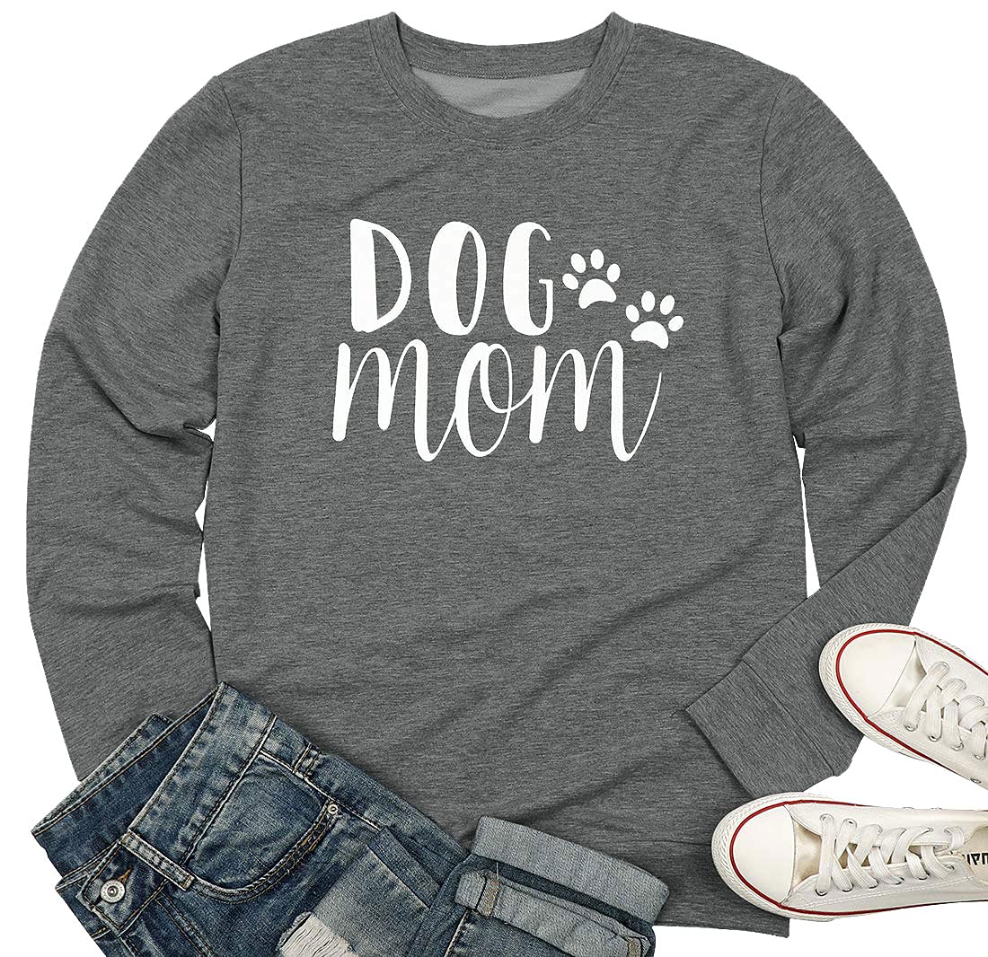 MOUSYA Women Dog Mom Sweatshirt Dog Mama Pullover Cute Dog Paw Graphic Tee Funny Letter Print Long Sleeve Shirt (Small, C_dark Grey)