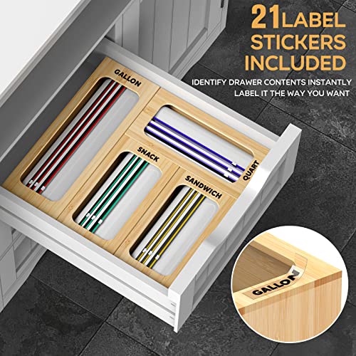 Ziplock Bag Storage Organizer for Kitchen Drawer - Magnetic Food Storage Bag Holders, Bamboo Baggie Organizer, Compatible with Gallon, Slider, Quart, Sandwich, Snack & Variety Size Bag (4-pack)