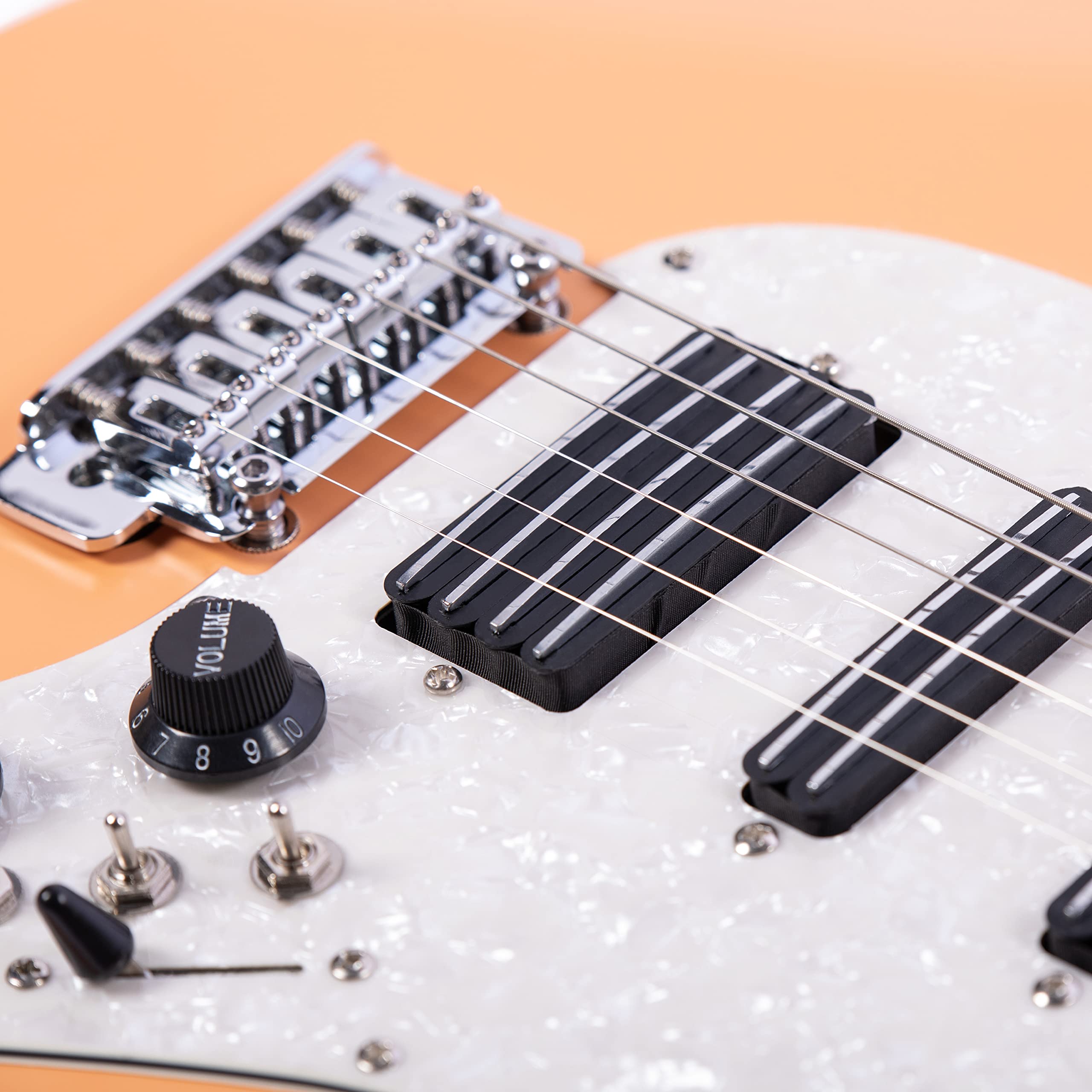 Volgoa VVS 6-String Solid Body Electric Guitar with Alder Body,Stainless Steel Frets,Featuring Tremolo System, with Plastic Pearl Pickguard and String Tree (Orange)
