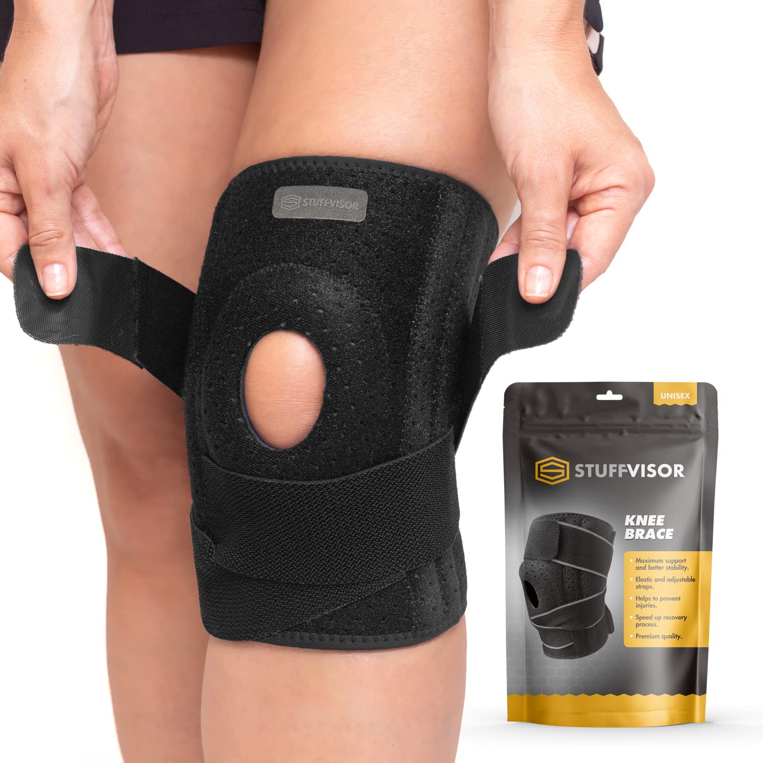Stuffvisor Knee Brace for Meniscus Tear, Maximum Compression with side Stabilizers for Pain on Men and Women, Great for Arthritis Pain, Patella Gel Pad & Side Straps, Knee Sleeve, Onesize