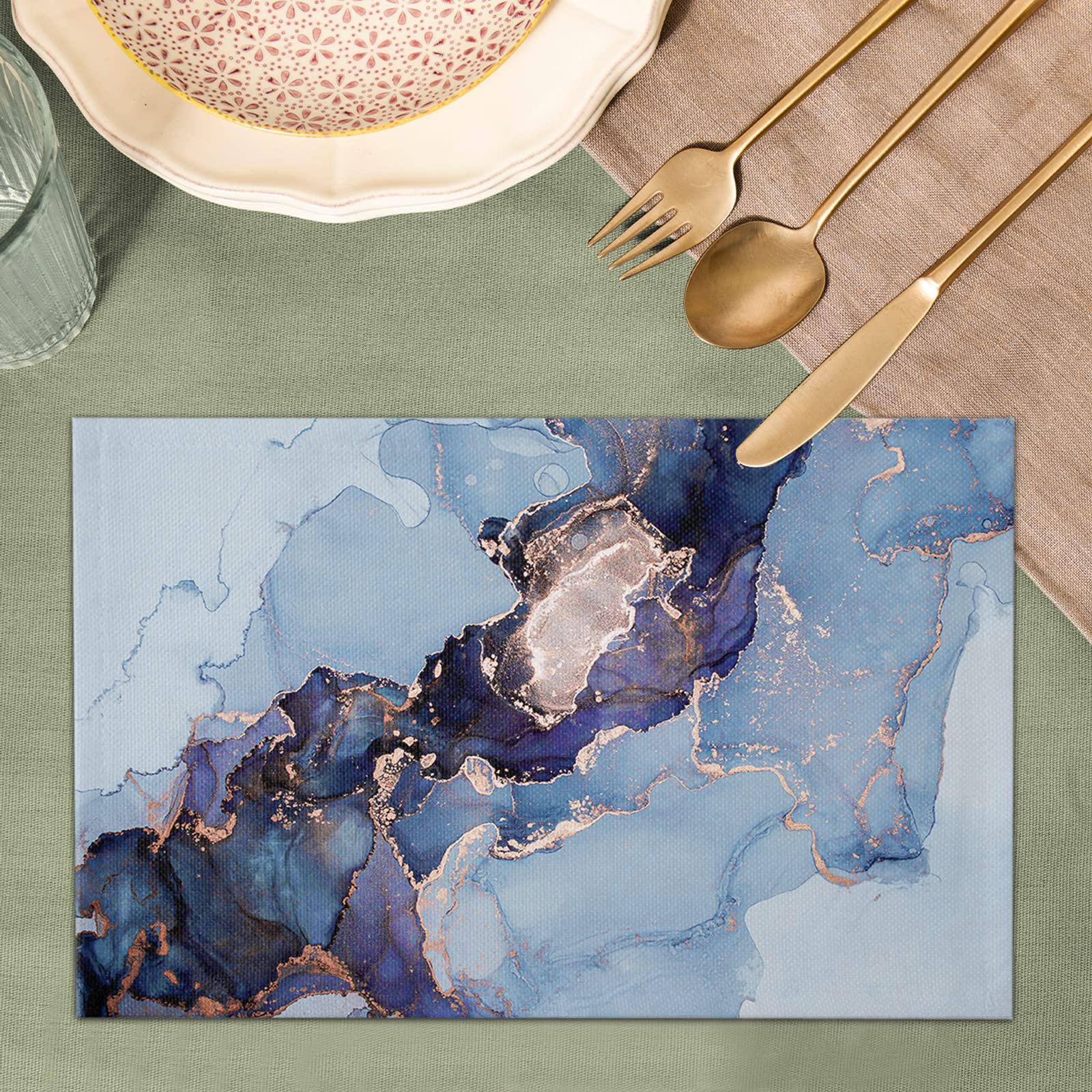 Place Mats Set of 4 - Washable Cloth Placemats Abstract Blue Purple Marble Textured Heat-Resistant Placemats for Dining Table 19 x 13 Inch