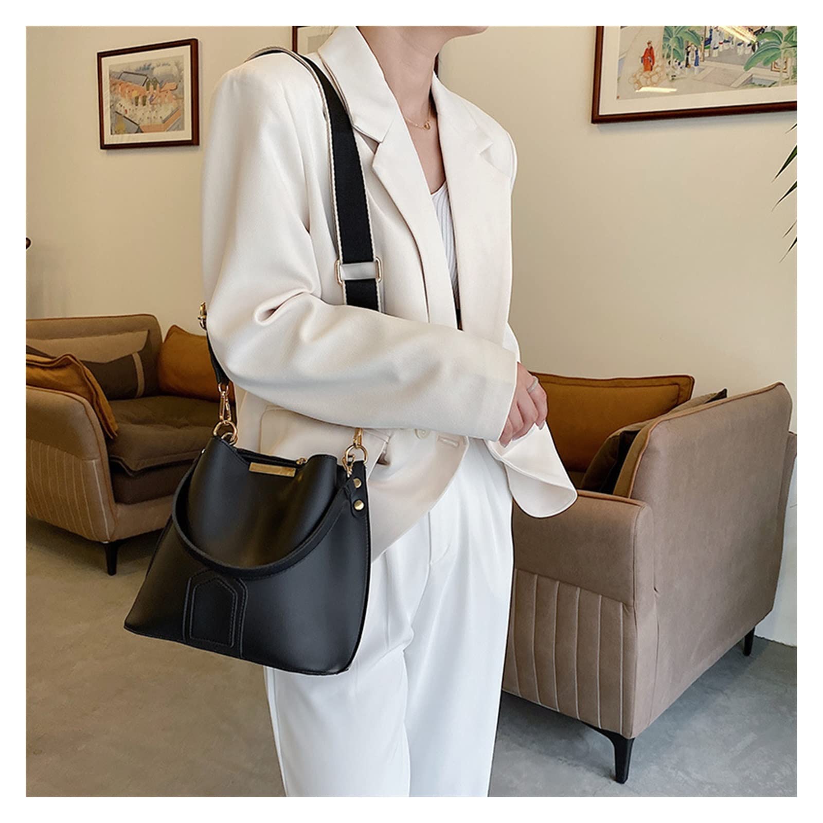 VOLNEO Forest Oxygen Ladies Messenger Bucket Bag Simple Wide Shoulder Strap One Shoulder Hit Color Handbag (Color : Black 21x11x20cm)