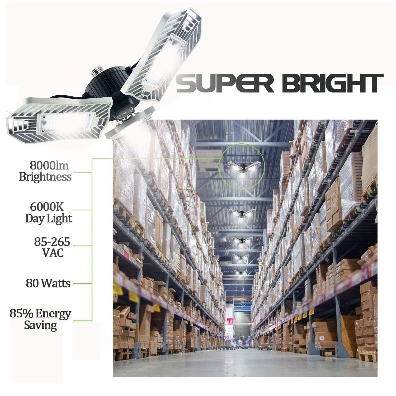 Mopzlink Garage Lights, 80W 8000 Lumens LED Garage Light, Deformable Garage Ceiling Lighting, High Brightness Shop Light for Garage, Basement, Workshop, LED High Bay Light Bulb.