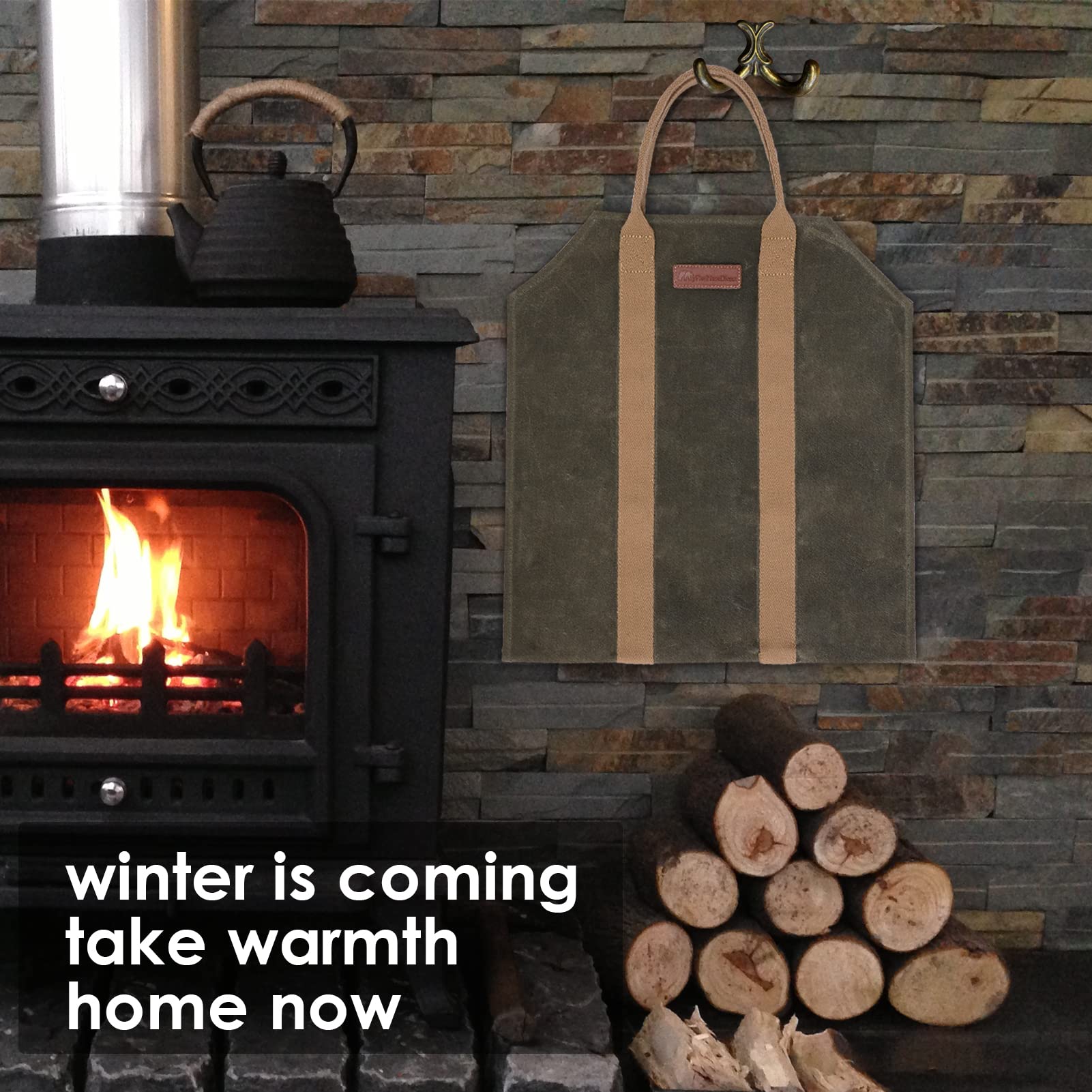 MYFIREPLACEDIRECT Sturdy Waxed Canvas Firewood Log Carrier, Durable Firepalce Wood Bag with Reinforce Duty Straps