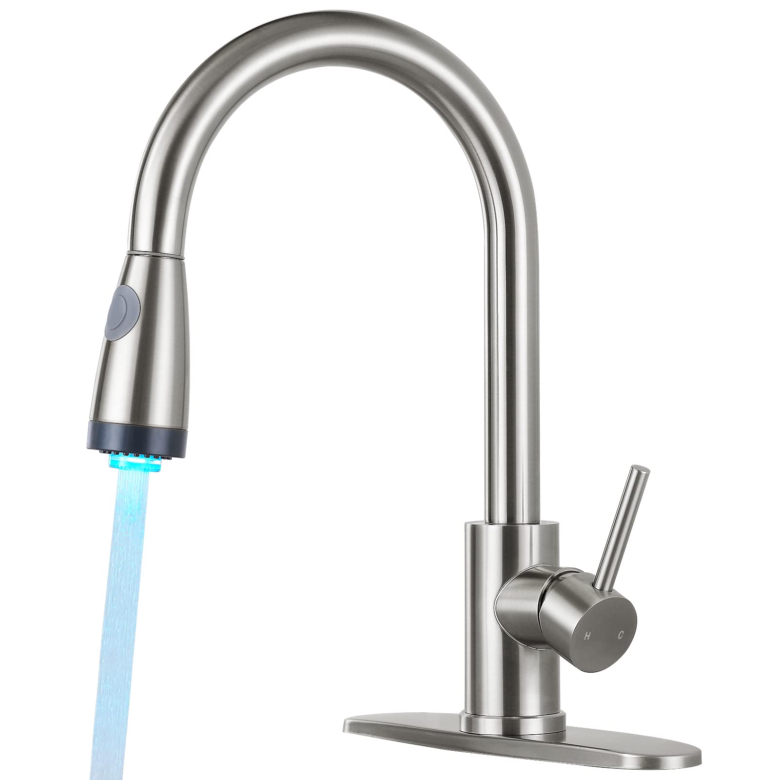 Qomolangma LED Kitchen Faucet with Pull Down Sprayer, Brushed Nickel Single Handle Kitchen Sink Faucet with Pull Out Sprayer, Stainless Steel