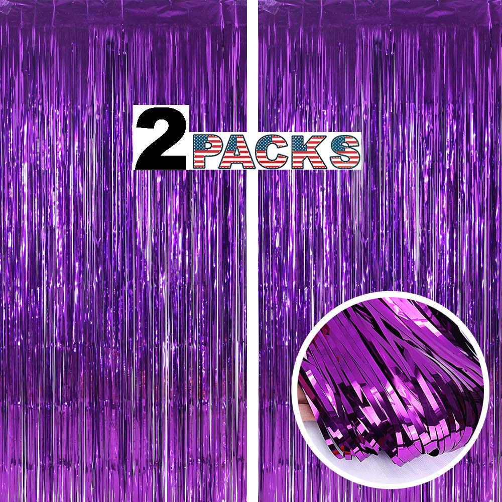 Purple Backdrop Curtains for Party Decorations - 6.5x8.2 ft, Pack of 2 | LILF Non-Marking Tape Foil Fringe Curtain Streamers Tinsel Backdrop for Birthday Bachelorette Party Photo Booth Props