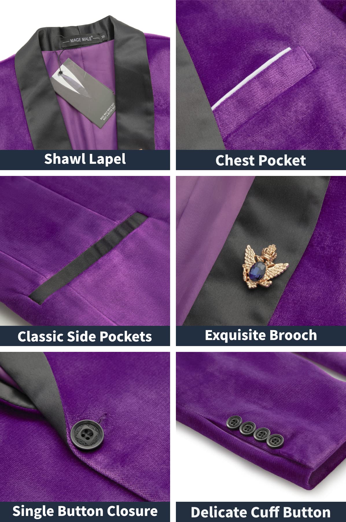 MAGE MALE Men's Velvet Slim Fit Suit Blazer Jacket Shawl Lapel One Button Dinner Prom Wedding Tuxedo Purple