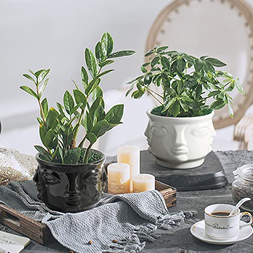 T4U Face Succulent Pots with Drainage 2-Pack - Small Ceramic Head Succulent Planter for Tiny Cactus, Herb, Bonsai Plant, Mini Flower Pot for Indoor Home Office Living Room Decor (No Plants)