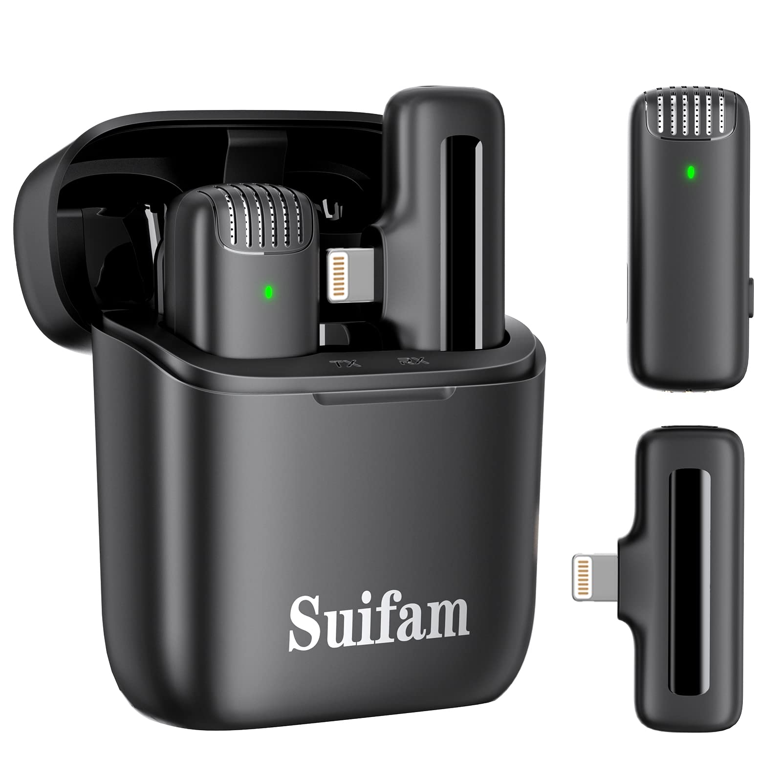 Suifam 2023 Wireless Lavalier Microphone for iPhone and iPad with Long-Lasting Charging Case, 65ft Transmission Range, and 3 Mode Denoise for Vlogging, Interview, and Video Recording