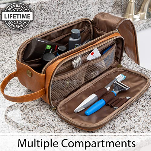 QS Toiletry Bag for Men or Women - Dopp Kit For Travel. Large Cosmetic and Bathroom Shaving Bag. Toiletry Organizer PU Leather USA (Medium, Brown)