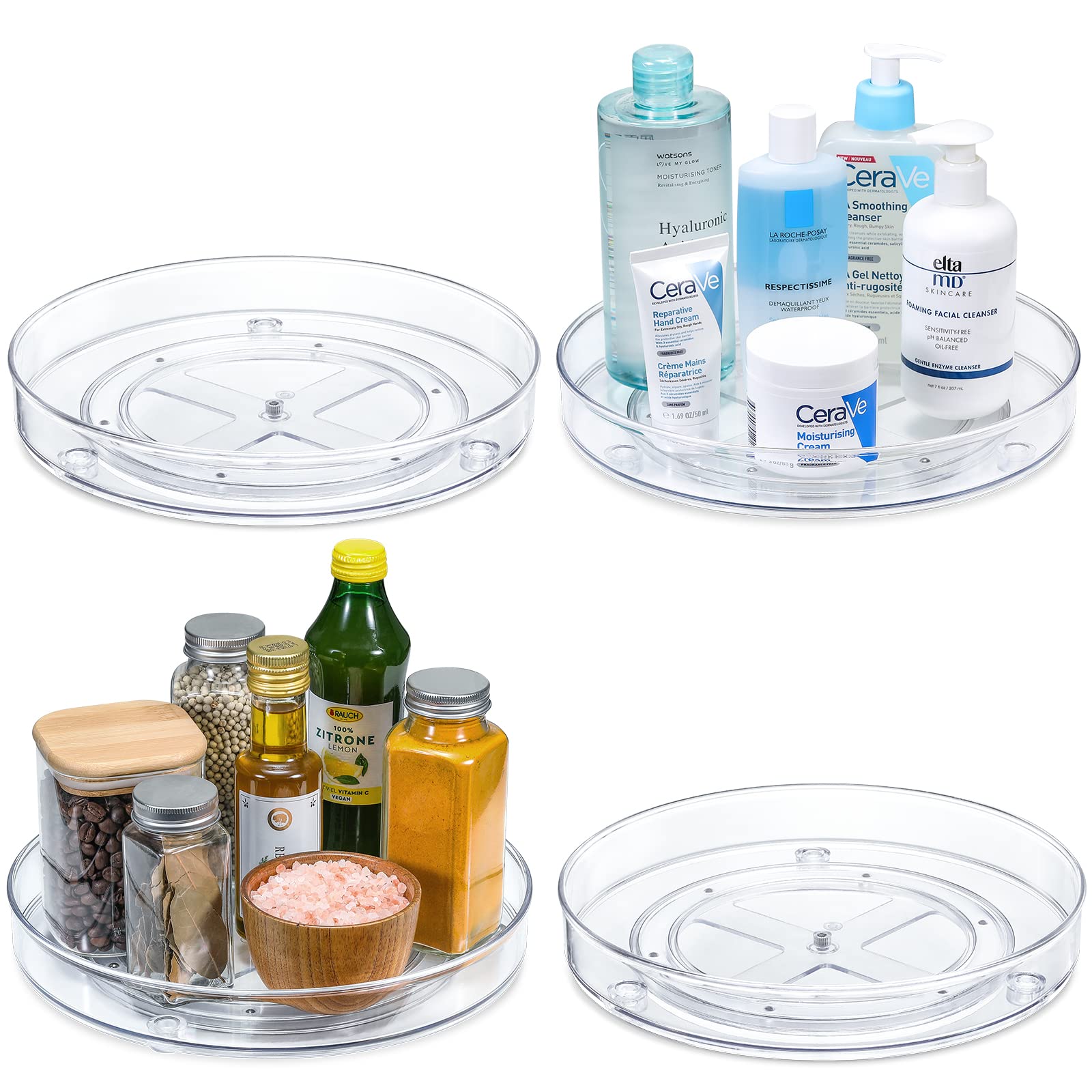 Set of 4, 9 Inch Clear Non-Skid Lazy Susan Organizers + Set of 8, Stackable Clear Bins with Removable Dividers - Pantry Food Snack Organization and Storage - Multi-Purpose Plastic Home Organizer