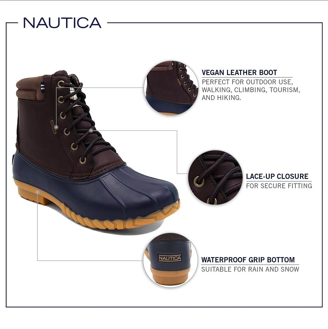 NAUTICA Mens Duck Boots - Waterproof Shell Insulated Snow & Rain Boot - Winter Shoe - Channing-Brown/Navy-12