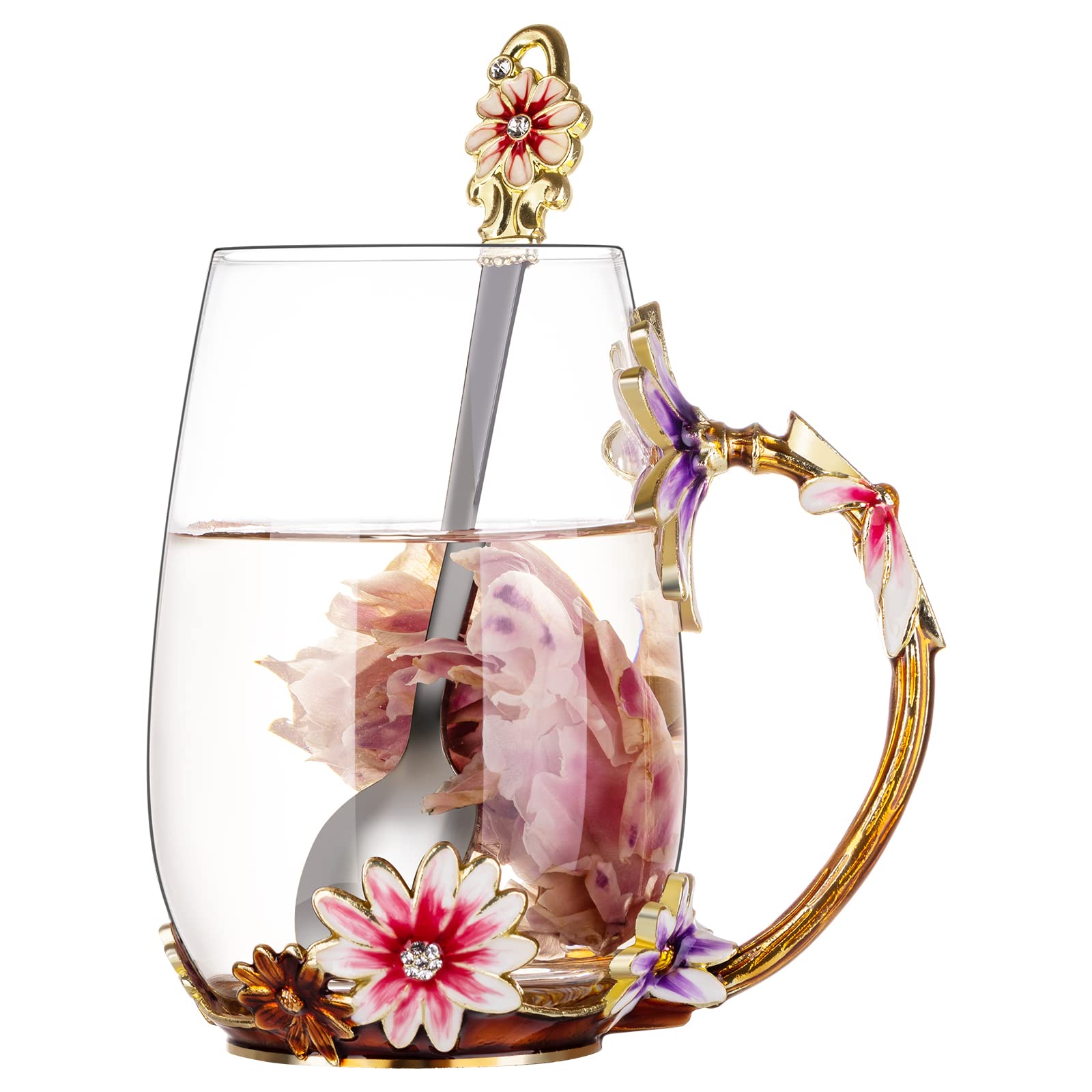 SHEEYEE Gift for Women Tea Cup with Spoon Enamel Daisy Flower Glass Teacup Tea Sets for Women Mother's Day Christmas Birthday Valentine's Day