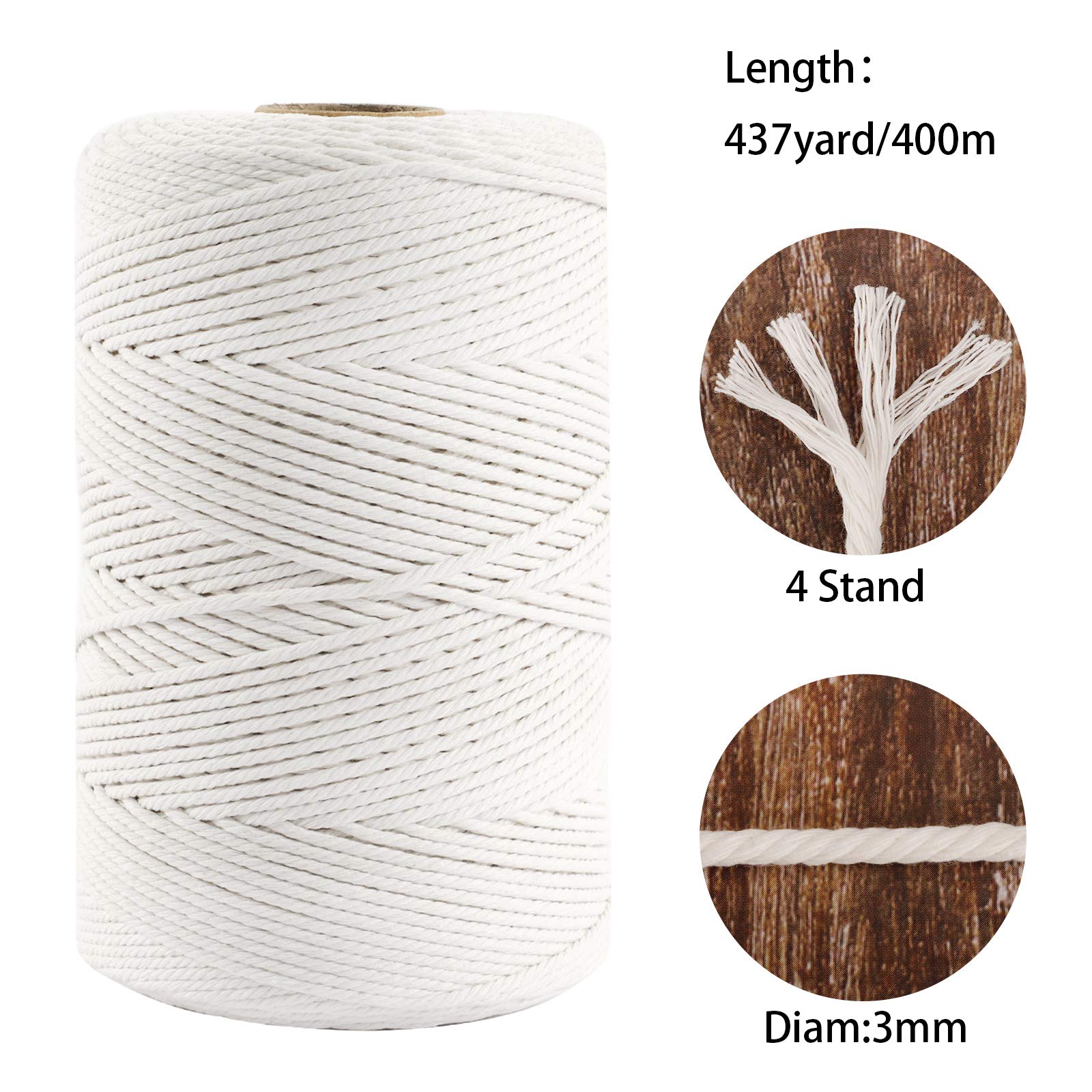 QUEFE Macrame Cord 3mm x 437 Yard, Natural 4 Strand Cotton Macrame Rope for Wall Hanging, Plant Hangers, Knitting, Decorative Projects
